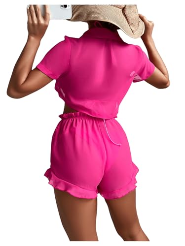 Milumia Women's Drawstring Ruffle Hem Sheer Mesh Beach Swim Cover Up Shorts Hot Pink Large