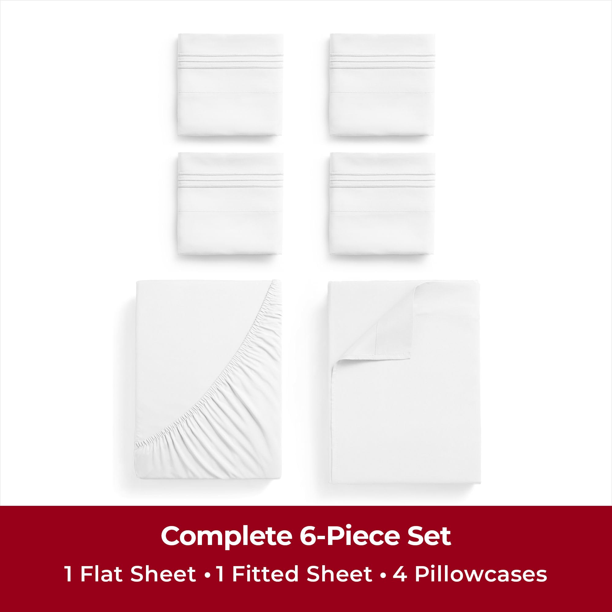 Mellanni Full Sheet Set - 6-Piece Iconic Collection Bedding, (Including 4 Pillowcases), 16-Inch Deep Pocket, Easy Care, Extra Soft, Cooling Sheets, Brushed Microfiber - White