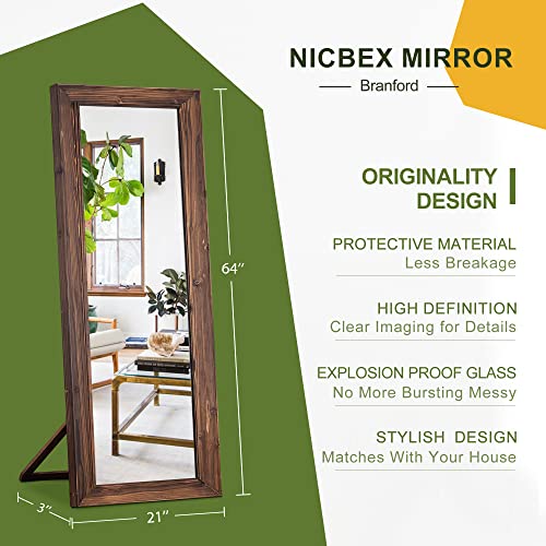 NicBex 64 x 21 Inch Full Lenth Mirror with Wooden Stand, Free Standing Floor Mirror, Wall Mounted Mirror, Rustic and Farmhouse Mirror for Bedroom, Dressing Room, Living Room, Maple (with Stand), 64x21