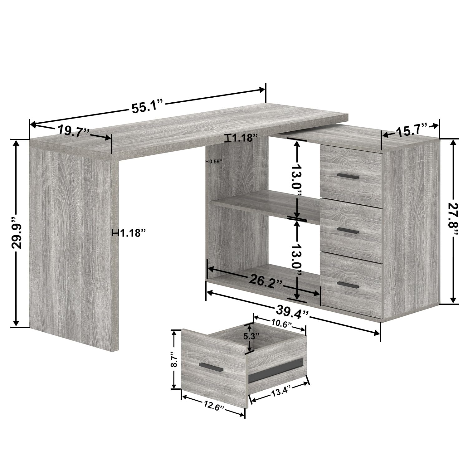 HSH L Shape Desk with Drawers, L-Shaped Desk with Storage Cabinet Shelves, Home Office Corner Computer Desk for Executive Writing, Modern Wood Study PC Table in Bedroom Living Room, Grey Oak, 55 Inch