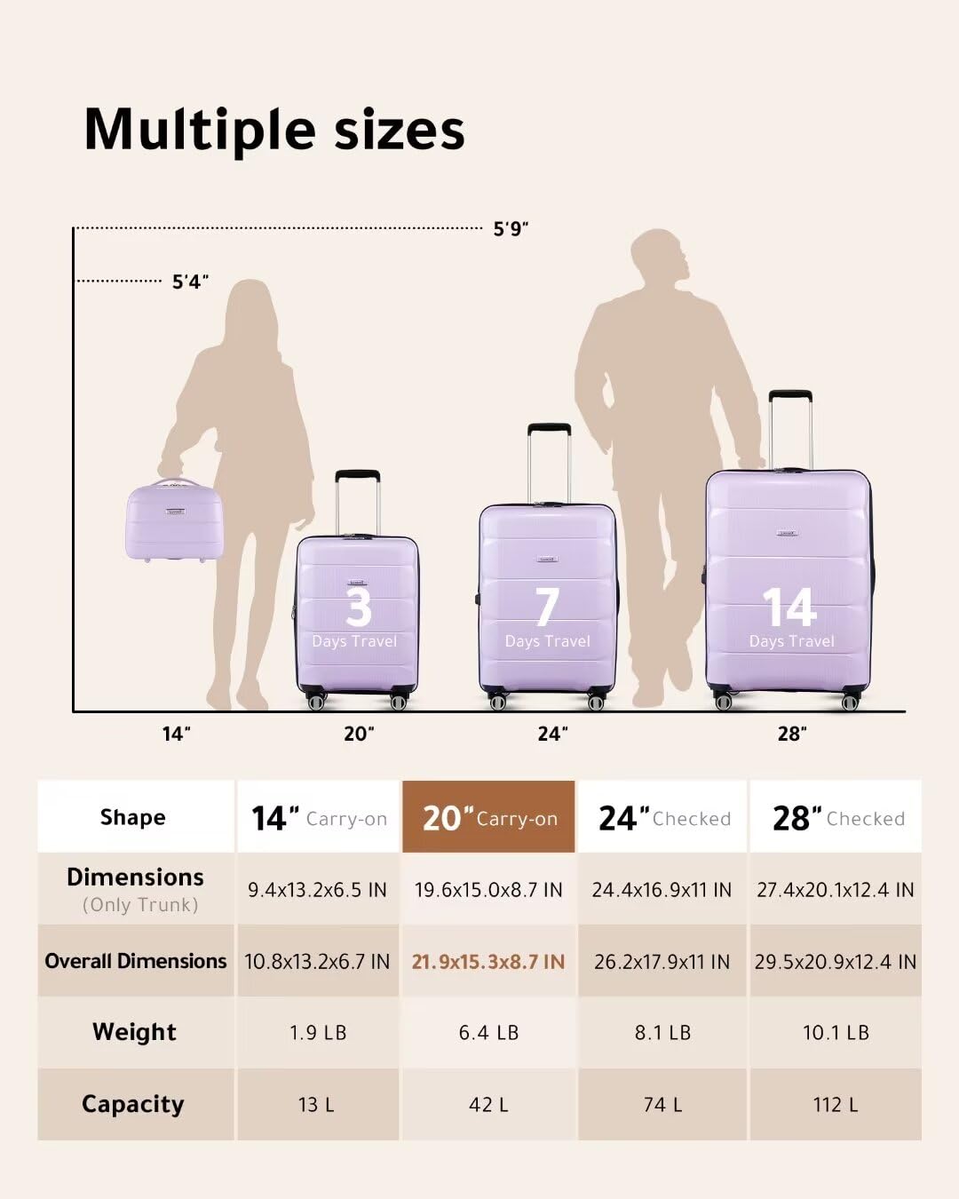 LUGGEX Carry on Luggage with Spinner Wheels, Lightweight Suitcase 2 Piece, Expandable (Purple, 14/20)