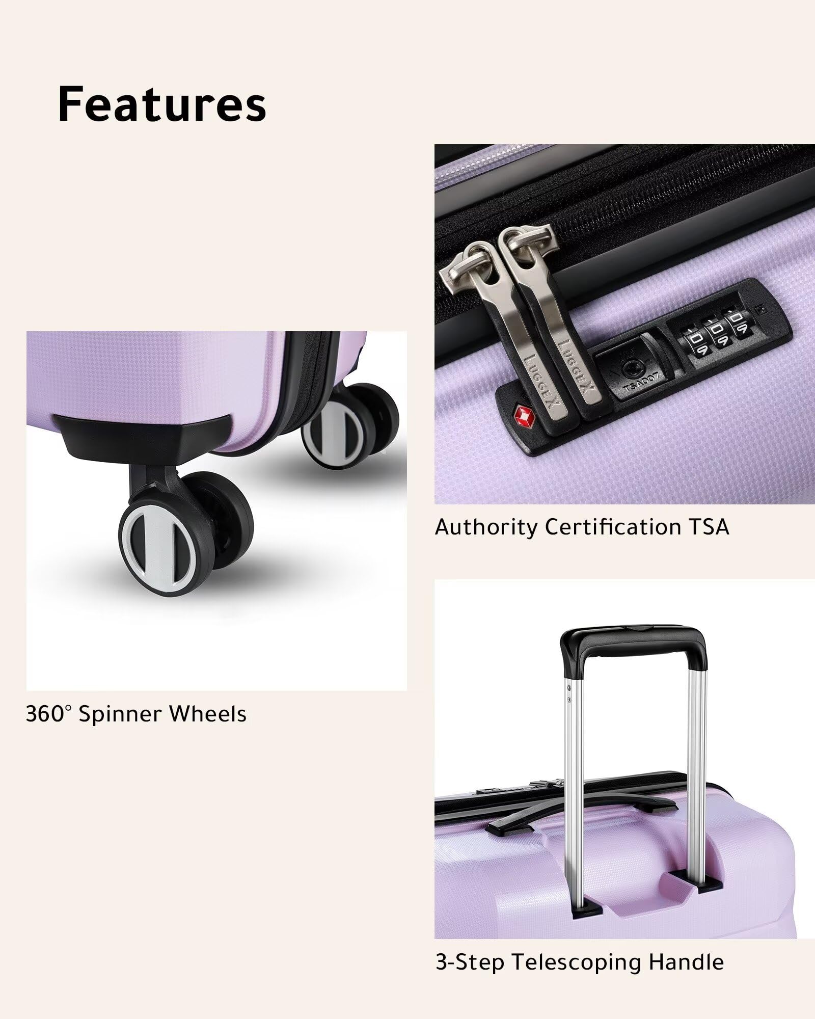 LUGGEX Carry on Luggage with Spinner Wheels, Lightweight Suitcase 2 Piece, Expandable (Purple, 14/20)