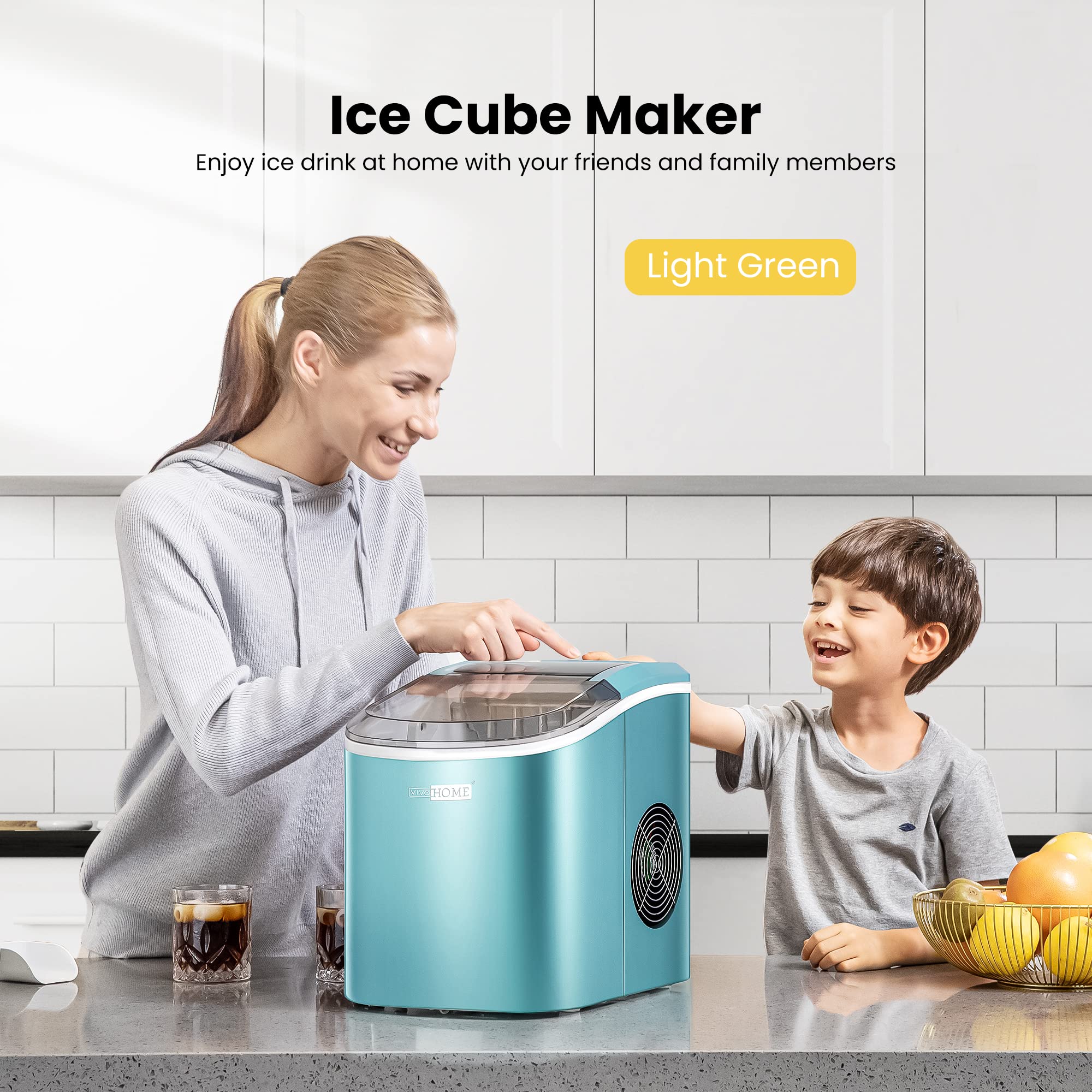 VIVOHOME Electric Portable Compact Countertop Automatic Ice Cube Maker Machine with Hand Scoop 10 Ice Bags and Self Cleaning Function 27lbs/Day Light Green