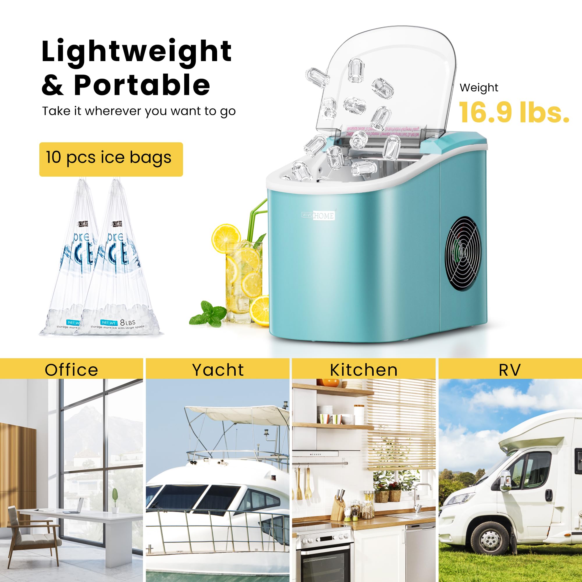 VIVOHOME Electric Portable Compact Countertop Automatic Ice Cube Maker Machine with Hand Scoop 10 Ice Bags and Self Cleaning Function 27lbs/Day Light Green