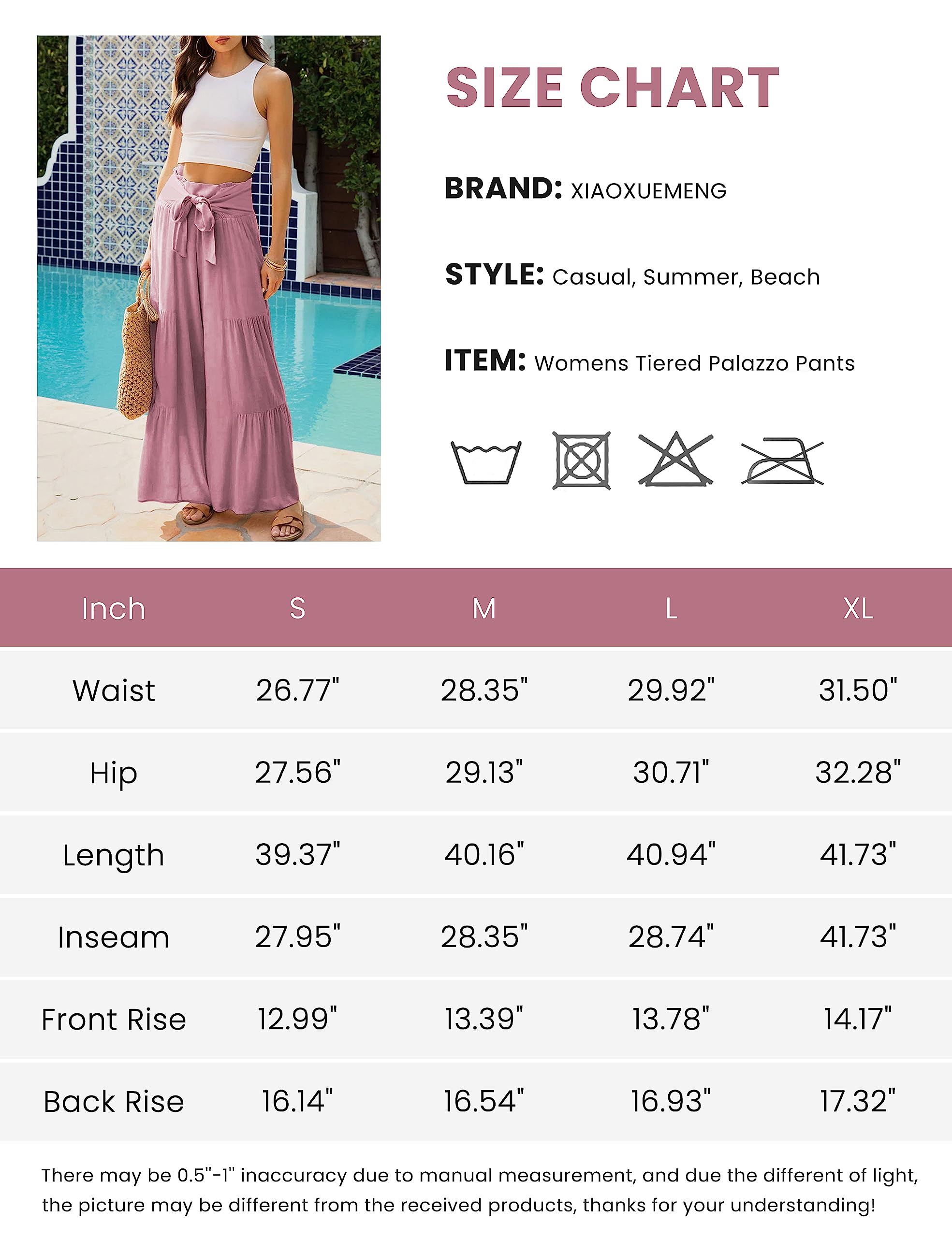 Xiaoxuemeng Women's Tiered Palazzo Pants Flowy Elastic High Waisted Wide Leg Beach Pants (Pink-XL)