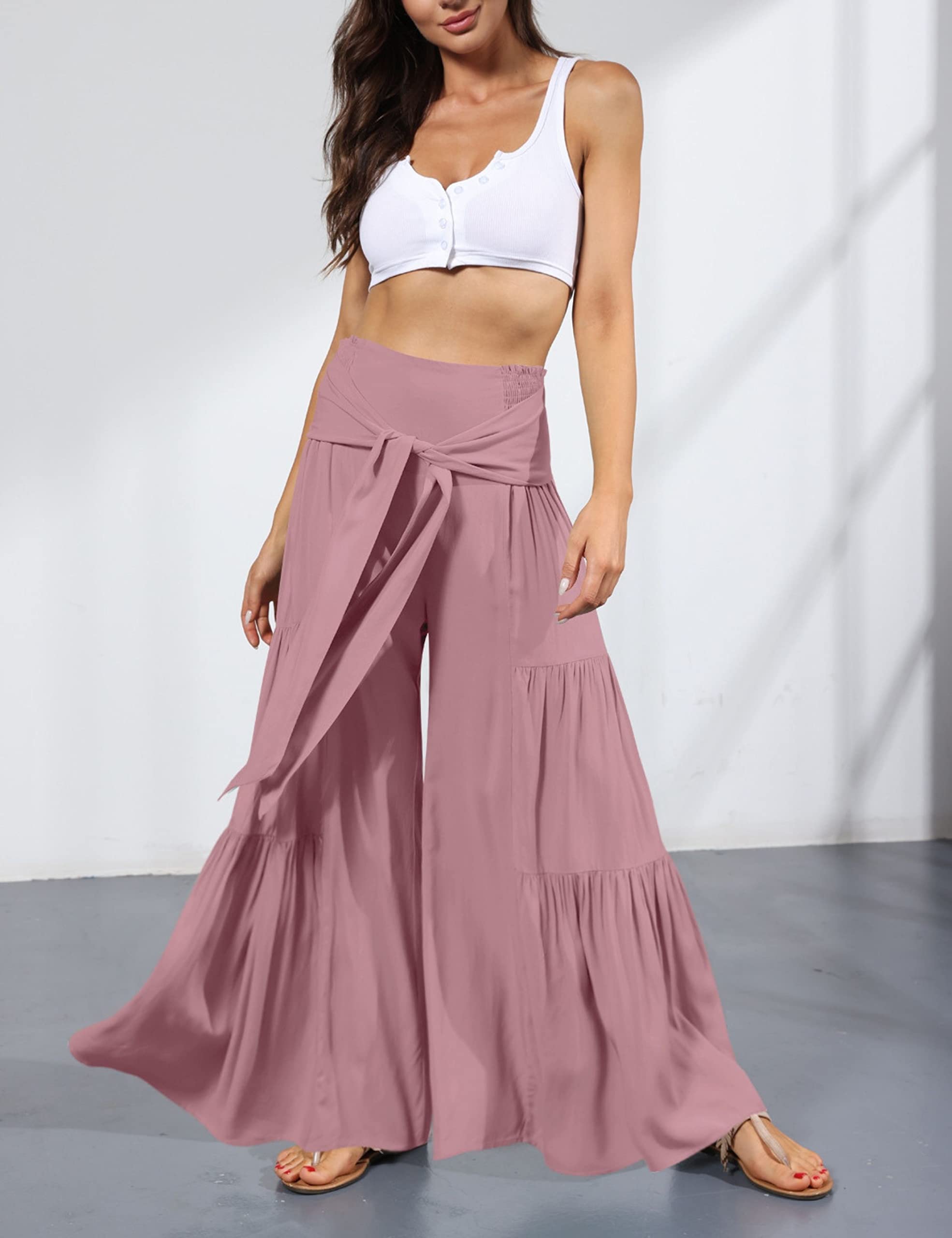 Xiaoxuemeng Women's Tiered Palazzo Pants Flowy Elastic High Waisted Wide Leg Beach Pants (Pink-XL)