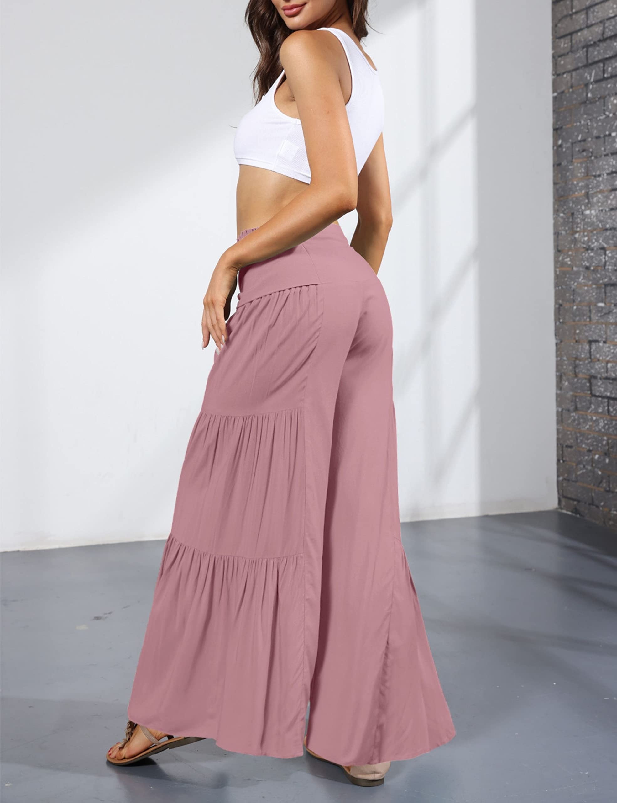Xiaoxuemeng Women's Tiered Palazzo Pants Flowy Elastic High Waisted Wide Leg Beach Pants (Pink-XL)