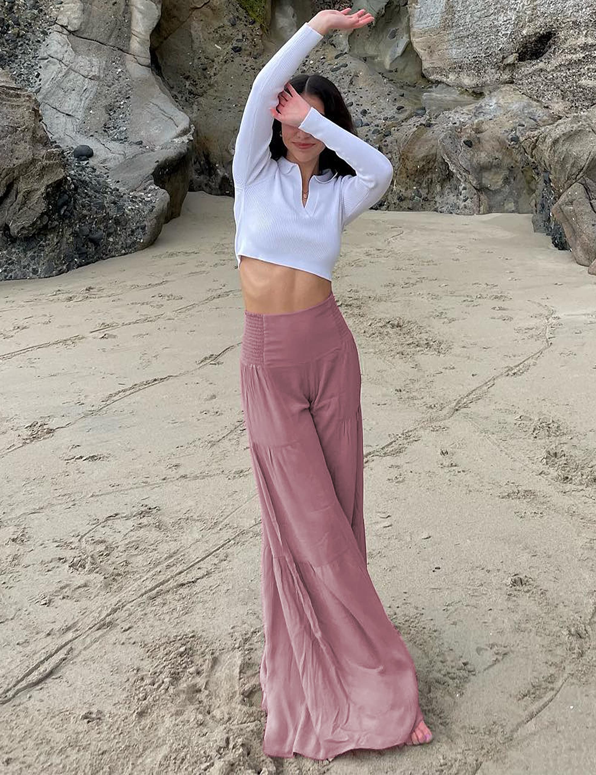 Xiaoxuemeng Women's Tiered Palazzo Pants Flowy Elastic High Waisted Wide Leg Beach Pants (Pink-XL)