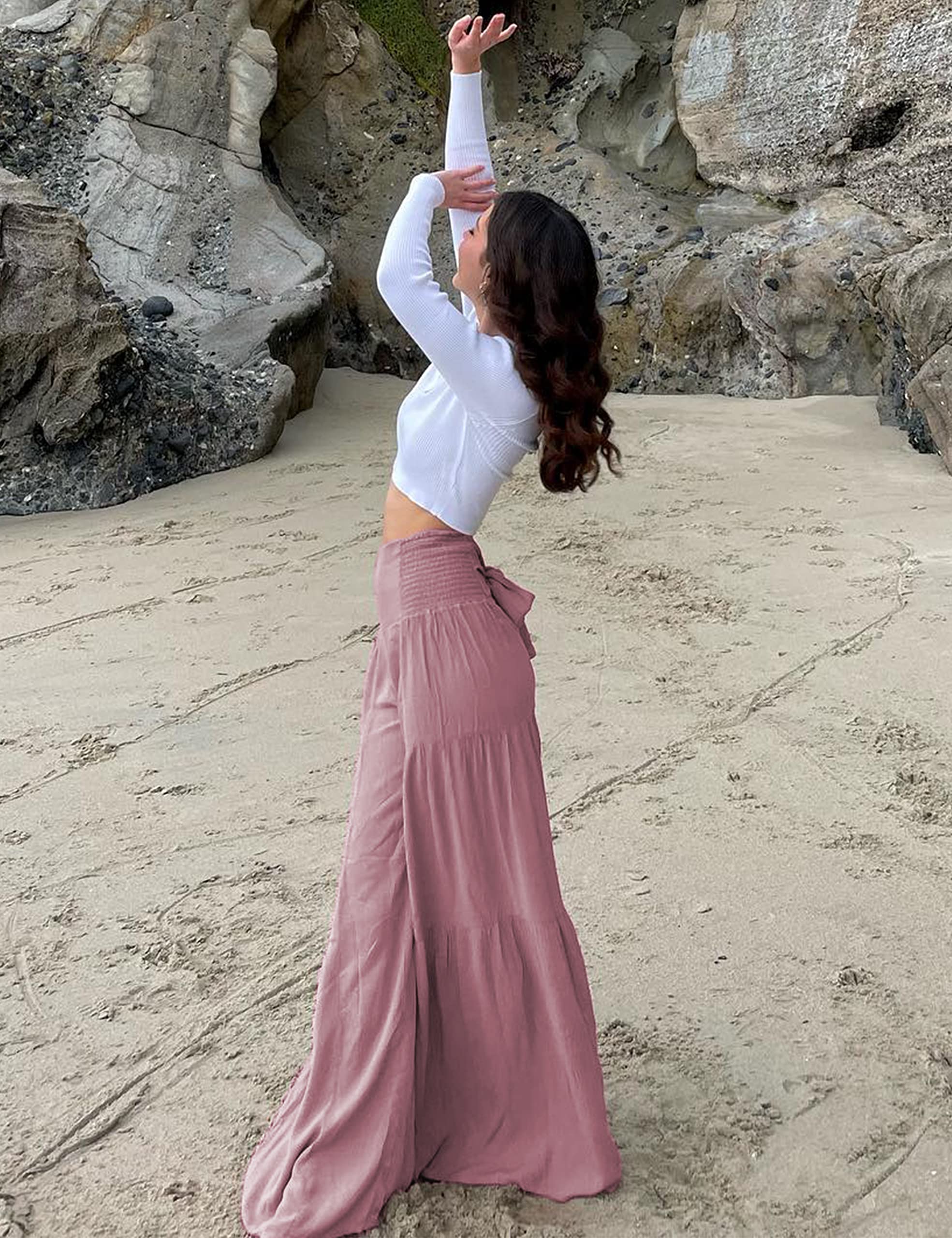 Xiaoxuemeng Women's Tiered Palazzo Pants Flowy Elastic High Waisted Wide Leg Beach Pants (Pink-XL)