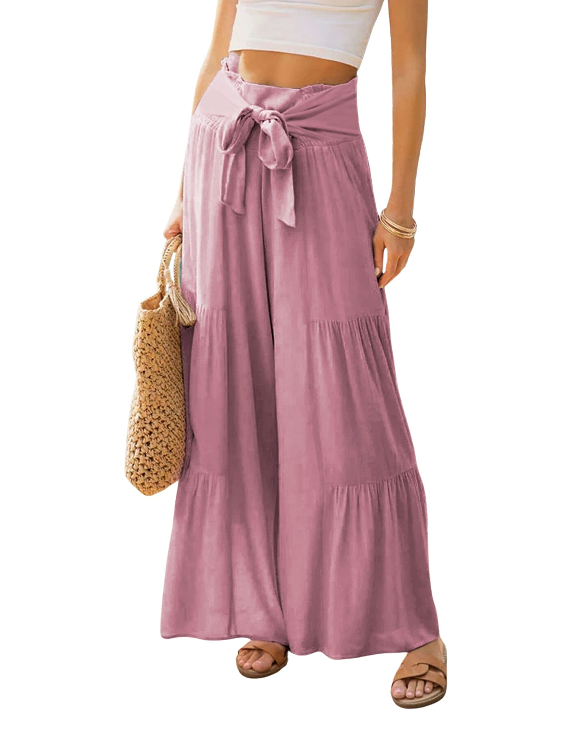 Xiaoxuemeng Women's Tiered Palazzo Pants Flowy Elastic High Waisted Wide Leg Beach Pants (Pink-XL)