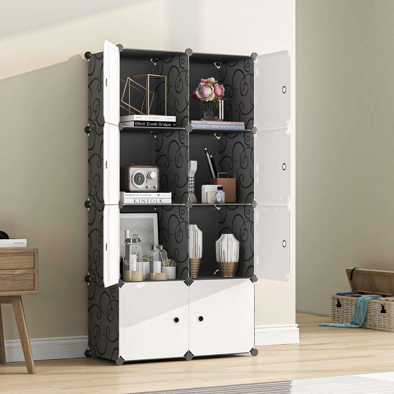 MAGINELS 8 Cube Storage Organizer with Doors,Deep Closet Organizers and Cabinet. Vertical Storage Clothes Shelf,Suitable for Bedroom,Office,Studyroom,Black (14×18inch)