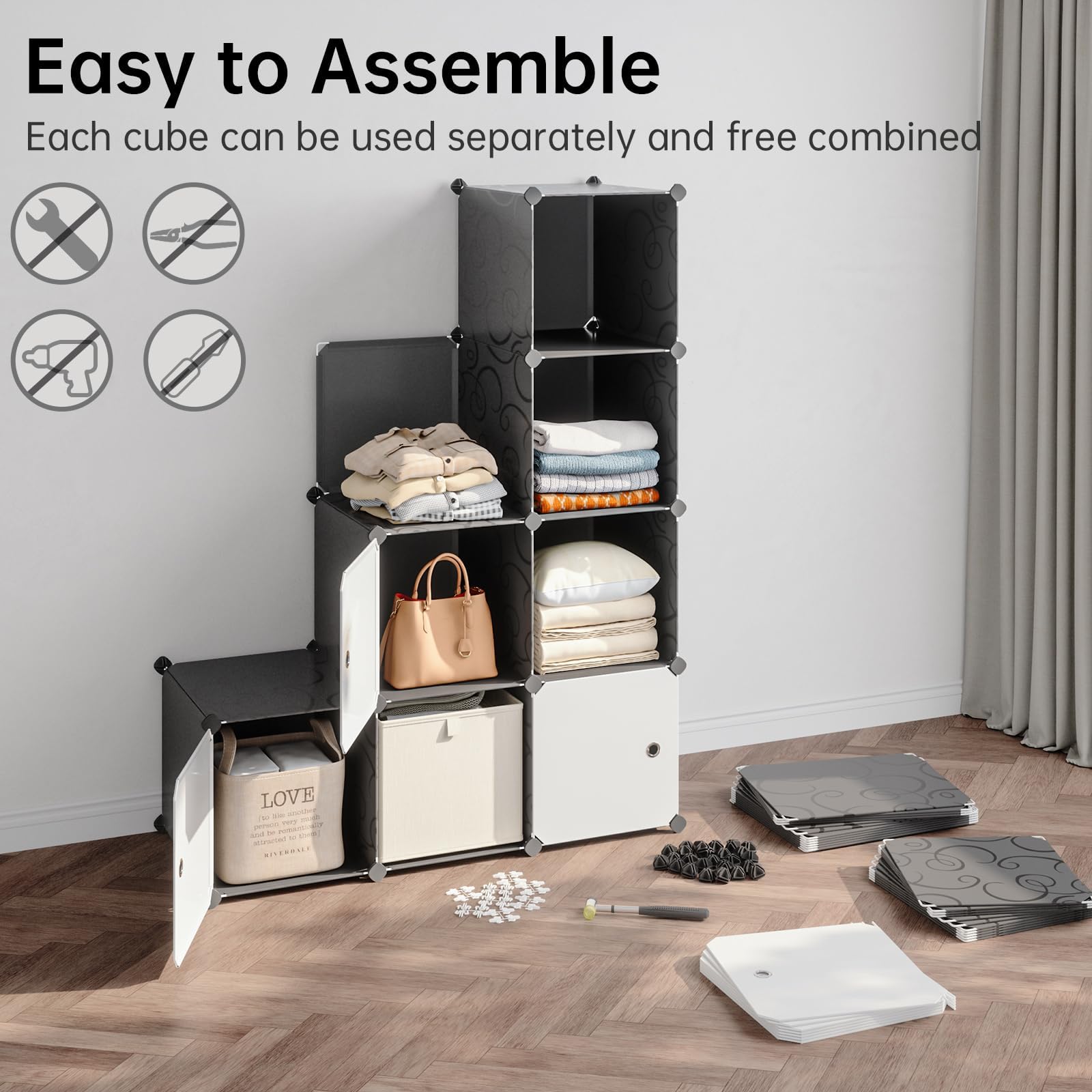 MAGINELS 8 Cube Storage Organizer with Doors,Deep Closet Organizers and Cabinet. Vertical Storage Clothes Shelf,Suitable for Bedroom,Office,Studyroom,Black (14×18inch)