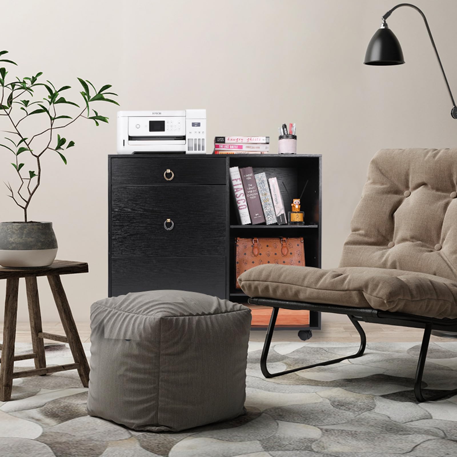 EasyPAG Mobile Filing Cabinet 3 Drawer Wood Lateral File Cabinet and 2 Open Shelf for Documents, Paper,Hanging File Folders, Black