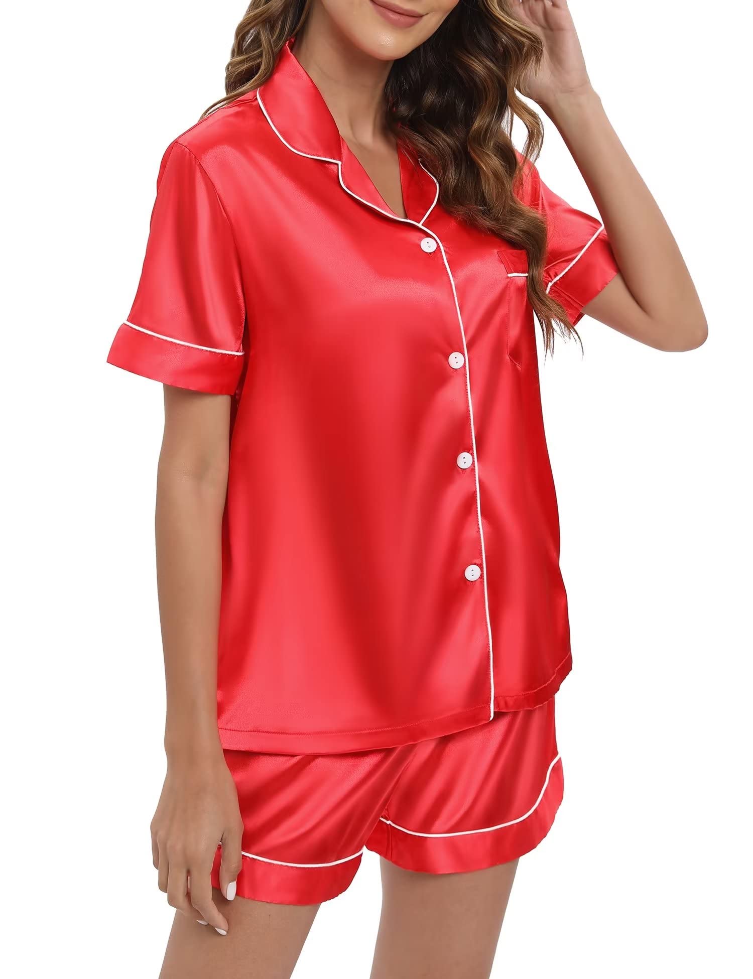 HPWUZK Women's Satin Pajamas sets Short Sleeve Sleepwear Soft Silk Button Down Loungewear Pjs Shorts Set,Red,X-Large