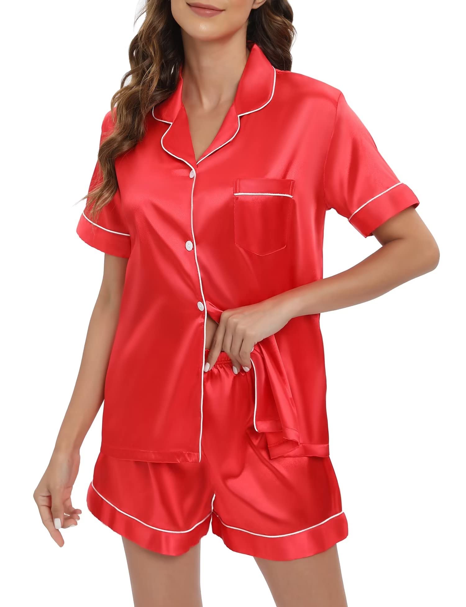HPWUZK Women's Satin Pajamas sets Short Sleeve Sleepwear Soft Silk Button Down Loungewear Pjs Shorts Set,Red,X-Large
