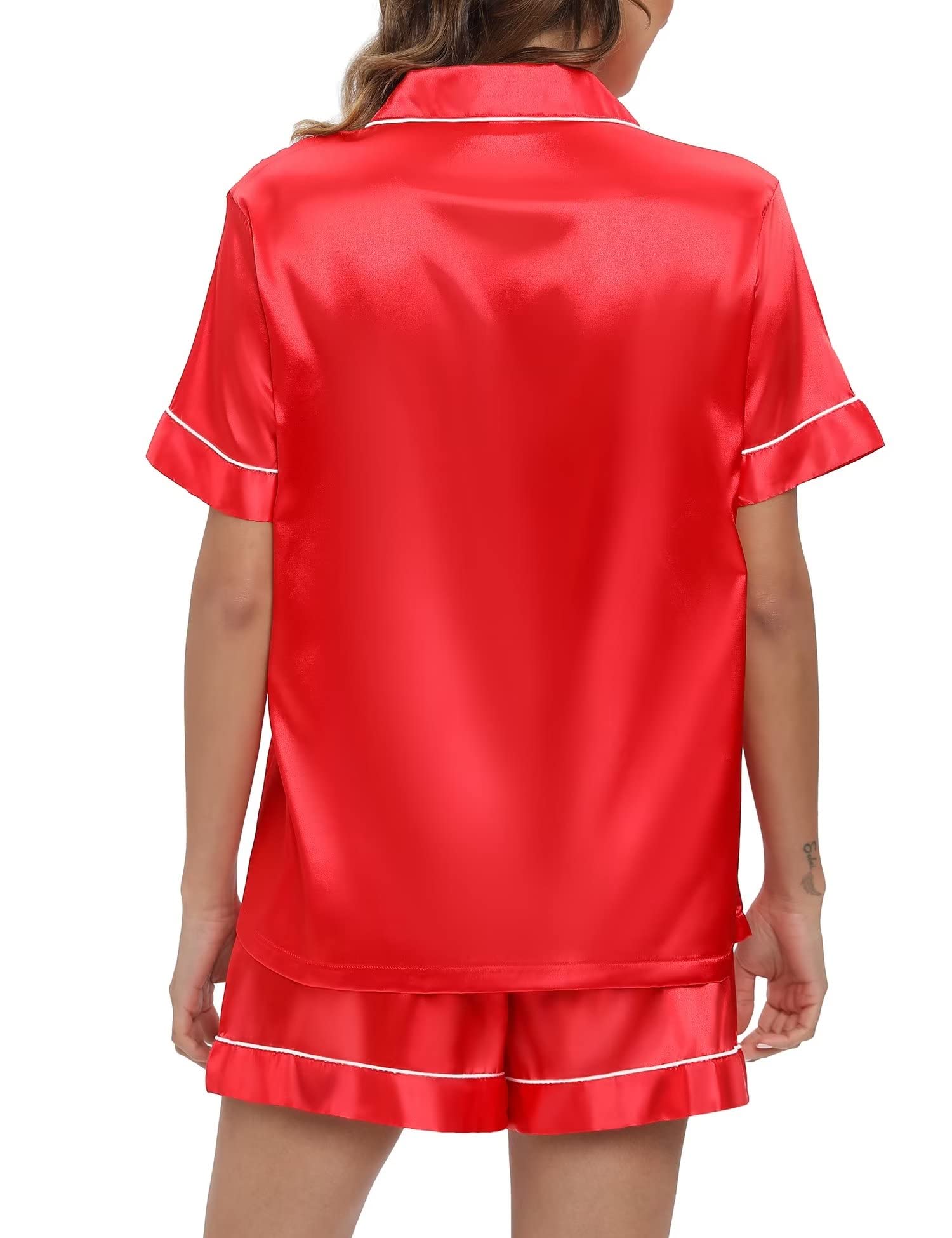 HPWUZK Women's Satin Pajamas sets Short Sleeve Sleepwear Soft Silk Button Down Loungewear Pjs Shorts Set,Red,X-Large