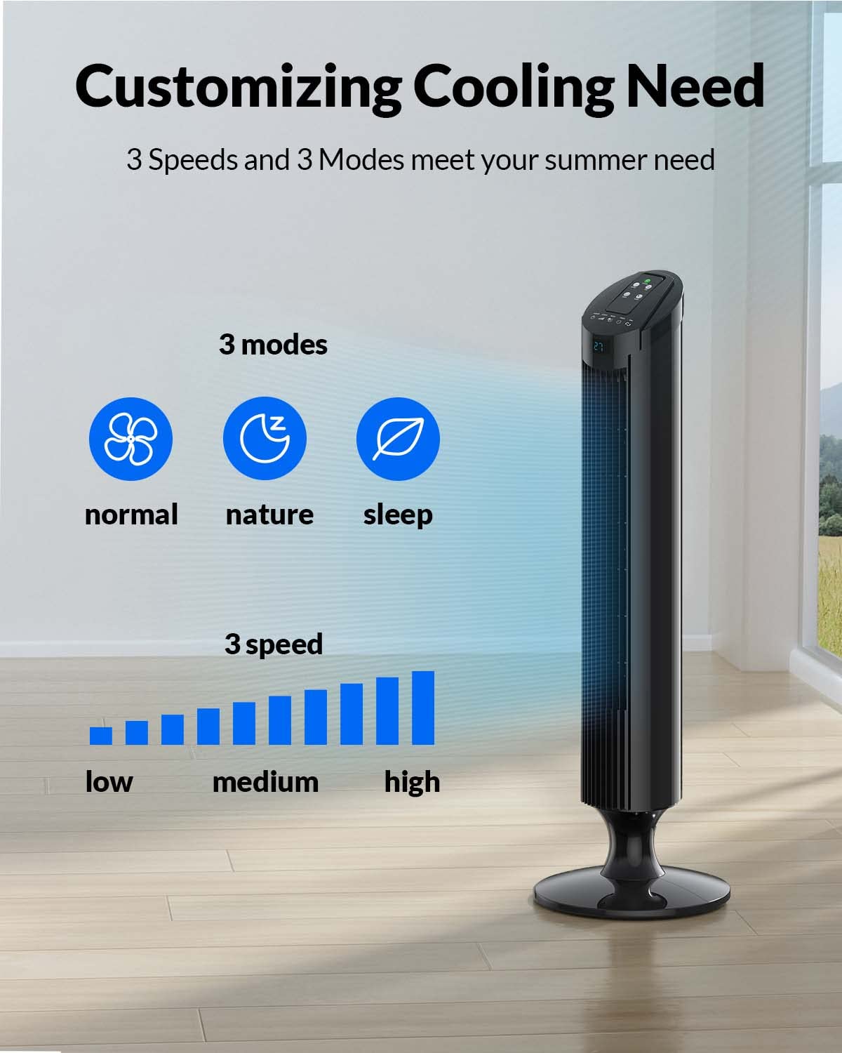 NIUVUIN Tower Fan, 33-Inch Cooling Fans That Blow Cold Air Portable Space-Saving Bladeless Fan 3 Modes 3 Speeds 12-Hour Timer 70° Oscillating Quiet Tower Fan with Remote for Bedroom and Home Office