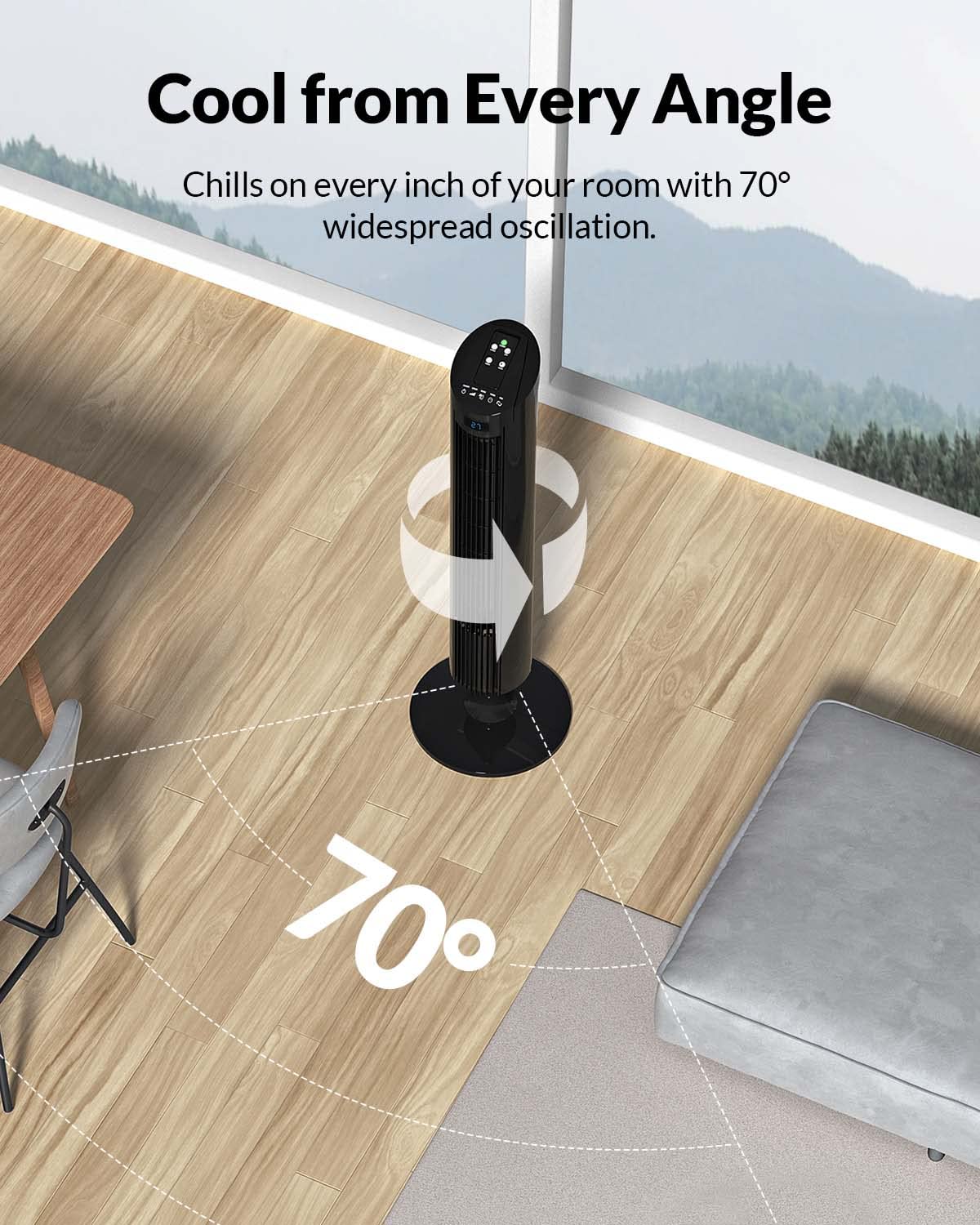NIUVUIN Tower Fan, 33-Inch Cooling Fans That Blow Cold Air Portable Space-Saving Bladeless Fan 3 Modes 3 Speeds 12-Hour Timer 70° Oscillating Quiet Tower Fan with Remote for Bedroom and Home Office