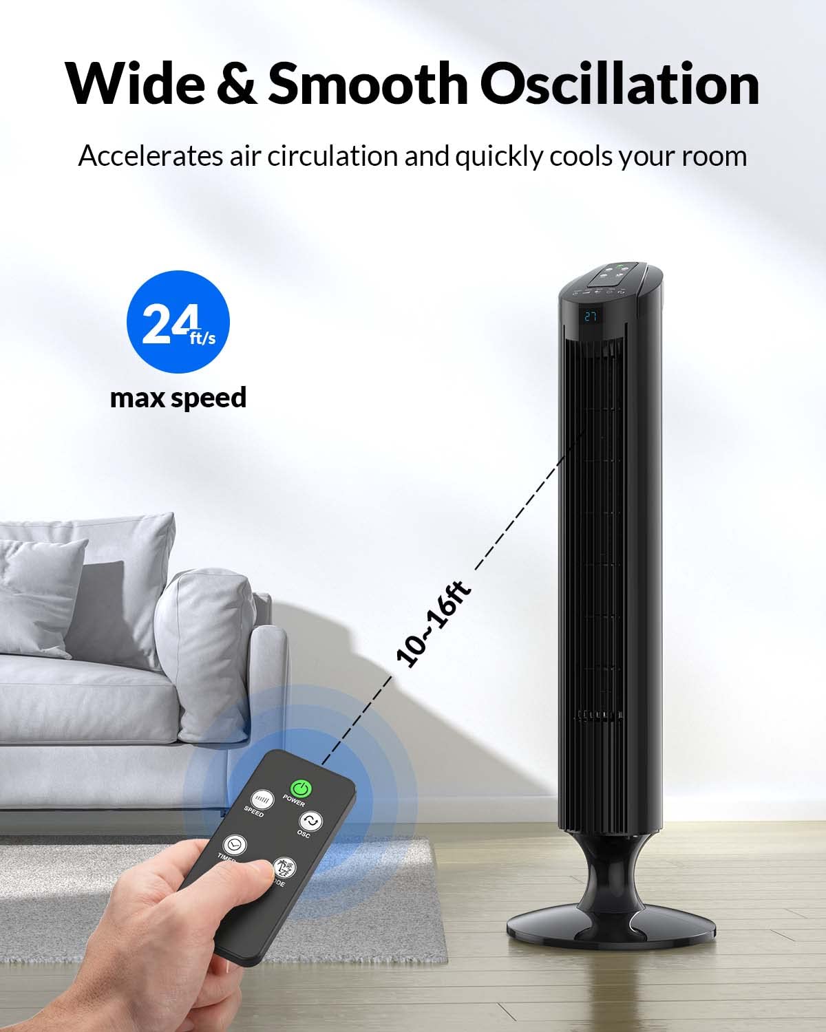 NIUVUIN Tower Fan, 33-Inch Cooling Fans That Blow Cold Air Portable Space-Saving Bladeless Fan 3 Modes 3 Speeds 12-Hour Timer 70° Oscillating Quiet Tower Fan with Remote for Bedroom and Home Office