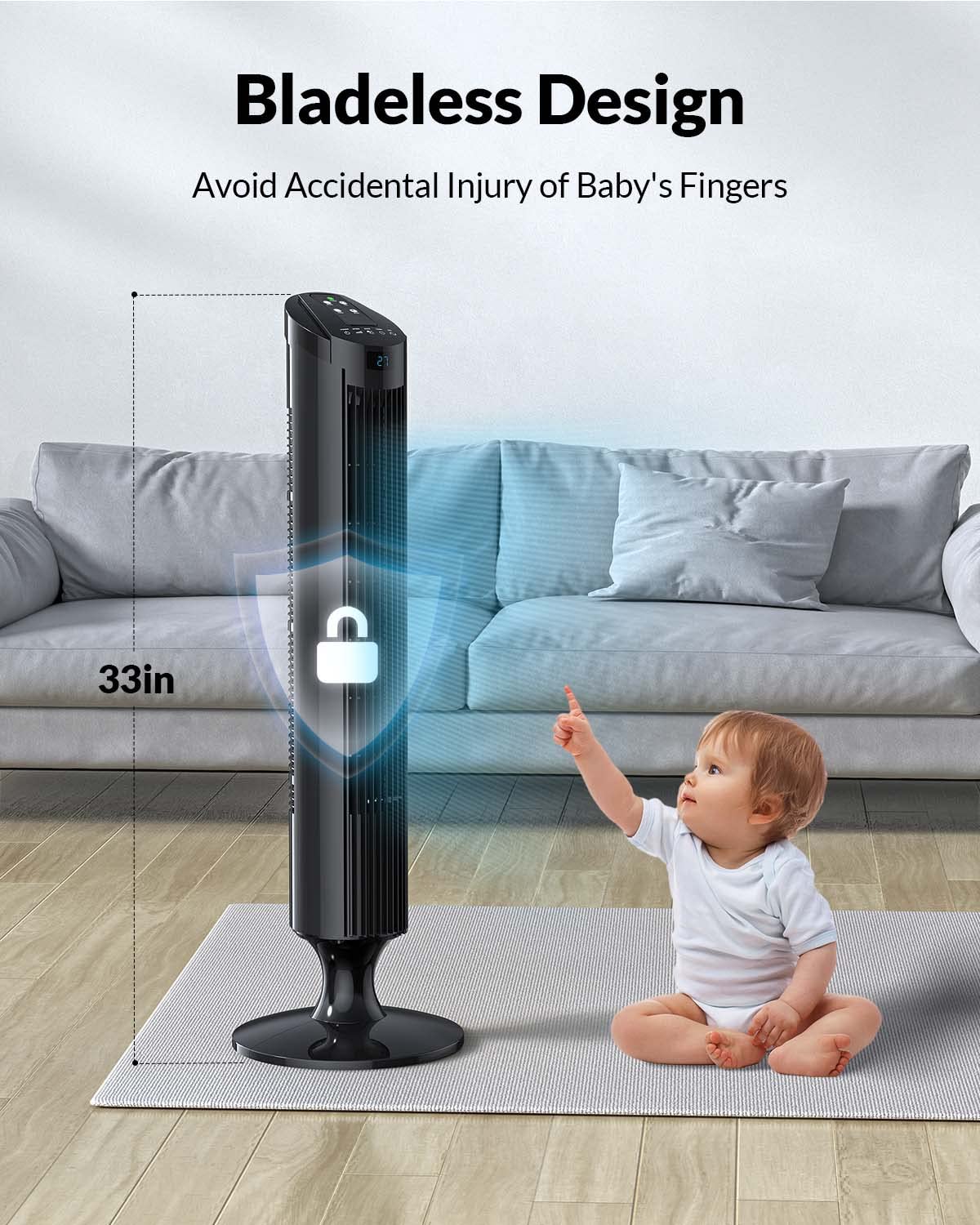 NIUVUIN Tower Fan, 33-Inch Cooling Fans That Blow Cold Air Portable Space-Saving Bladeless Fan 3 Modes 3 Speeds 12-Hour Timer 70° Oscillating Quiet Tower Fan with Remote for Bedroom and Home Office