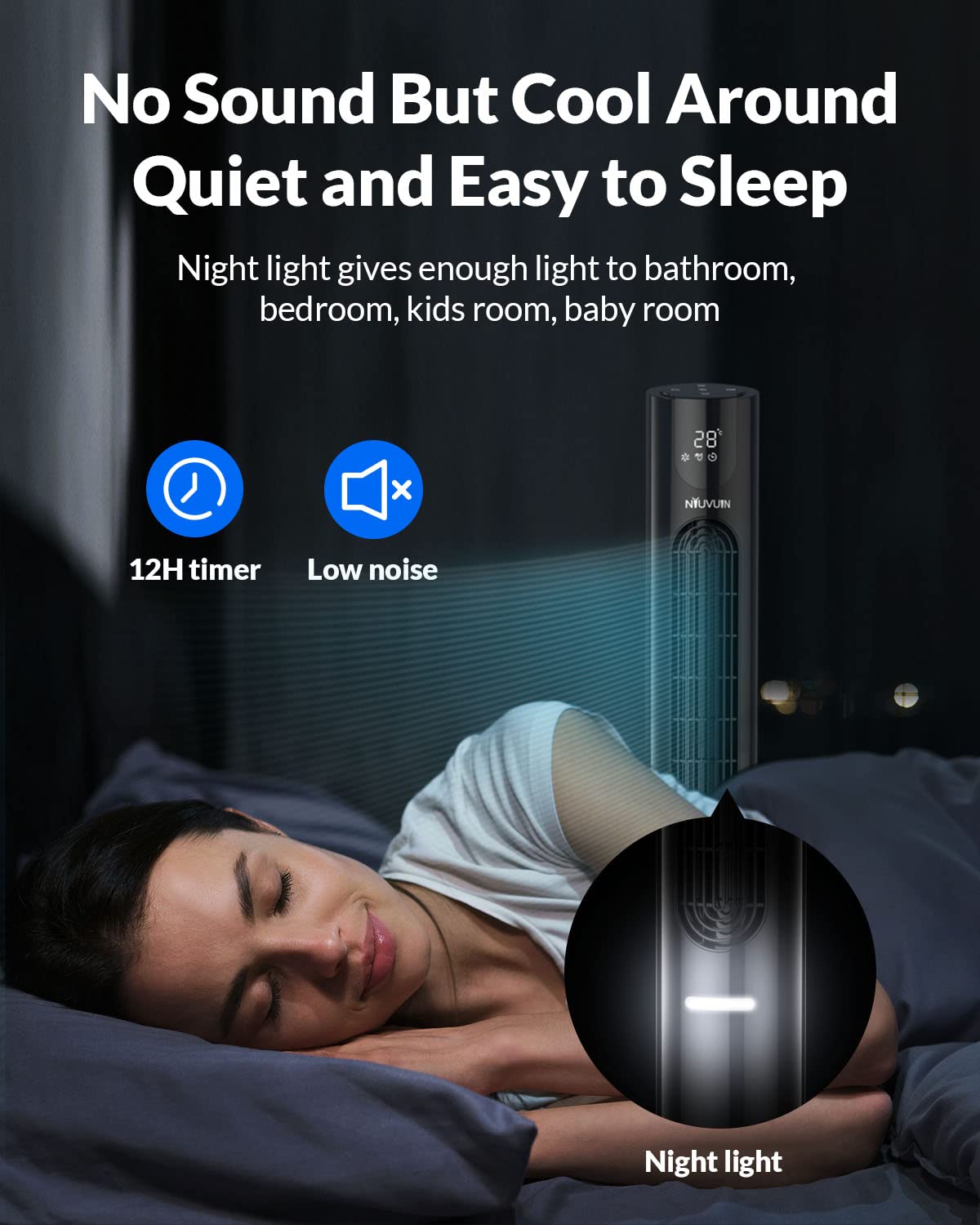 NIUVUIN Tower Fan, 45-Inch Oscillating Fan with Remote, 8 Speed Settings & 4 Modes, Bladeless Fans with Night Light, LED Display, 12 H Timer, Low Noise for Bedroom Living Room Home Office