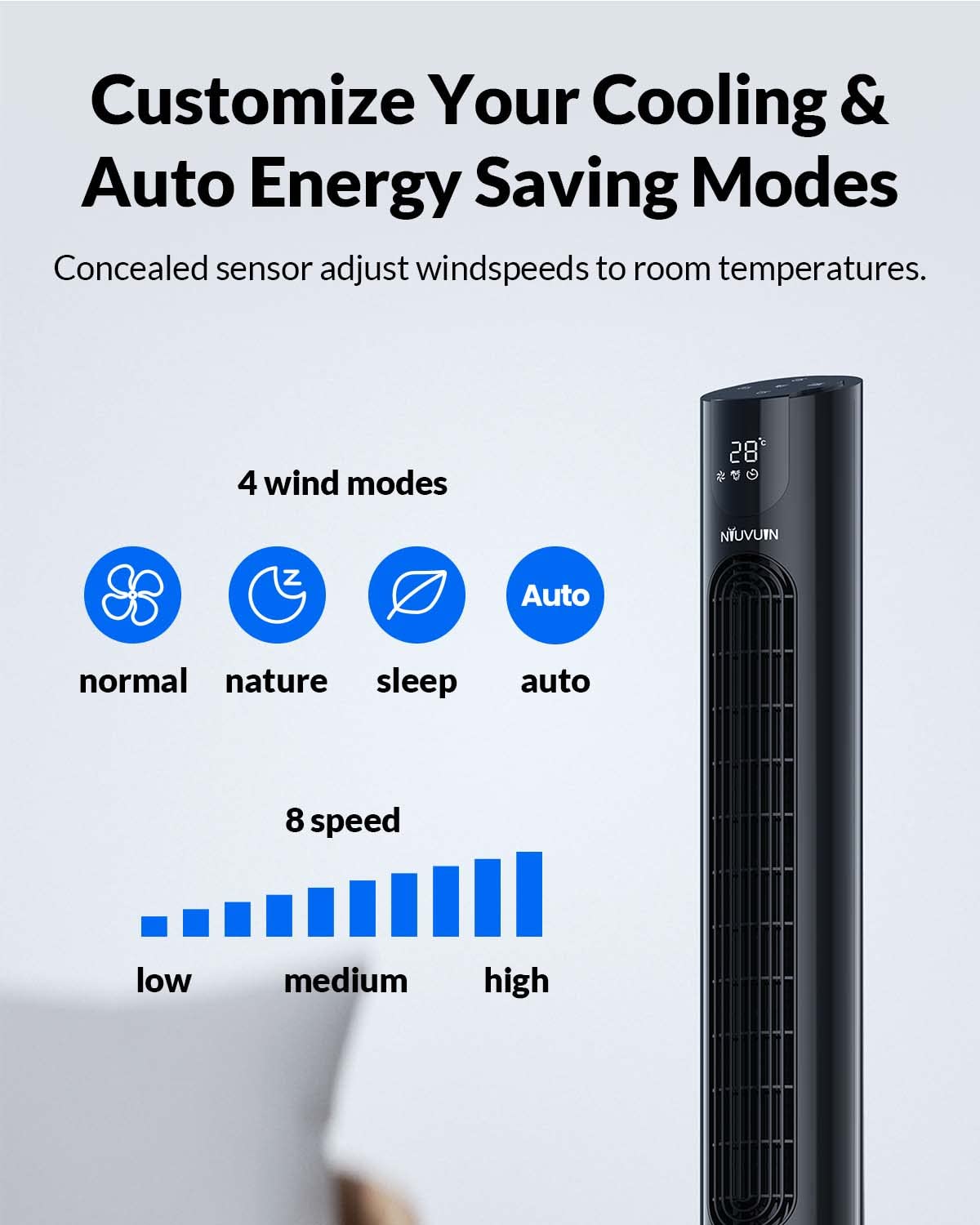NIUVUIN Tower Fan, 45-Inch Oscillating Fan with Remote, 8 Speed Settings & 4 Modes, Bladeless Fans with Night Light, LED Display, 12 H Timer, Low Noise for Bedroom Living Room Home Office