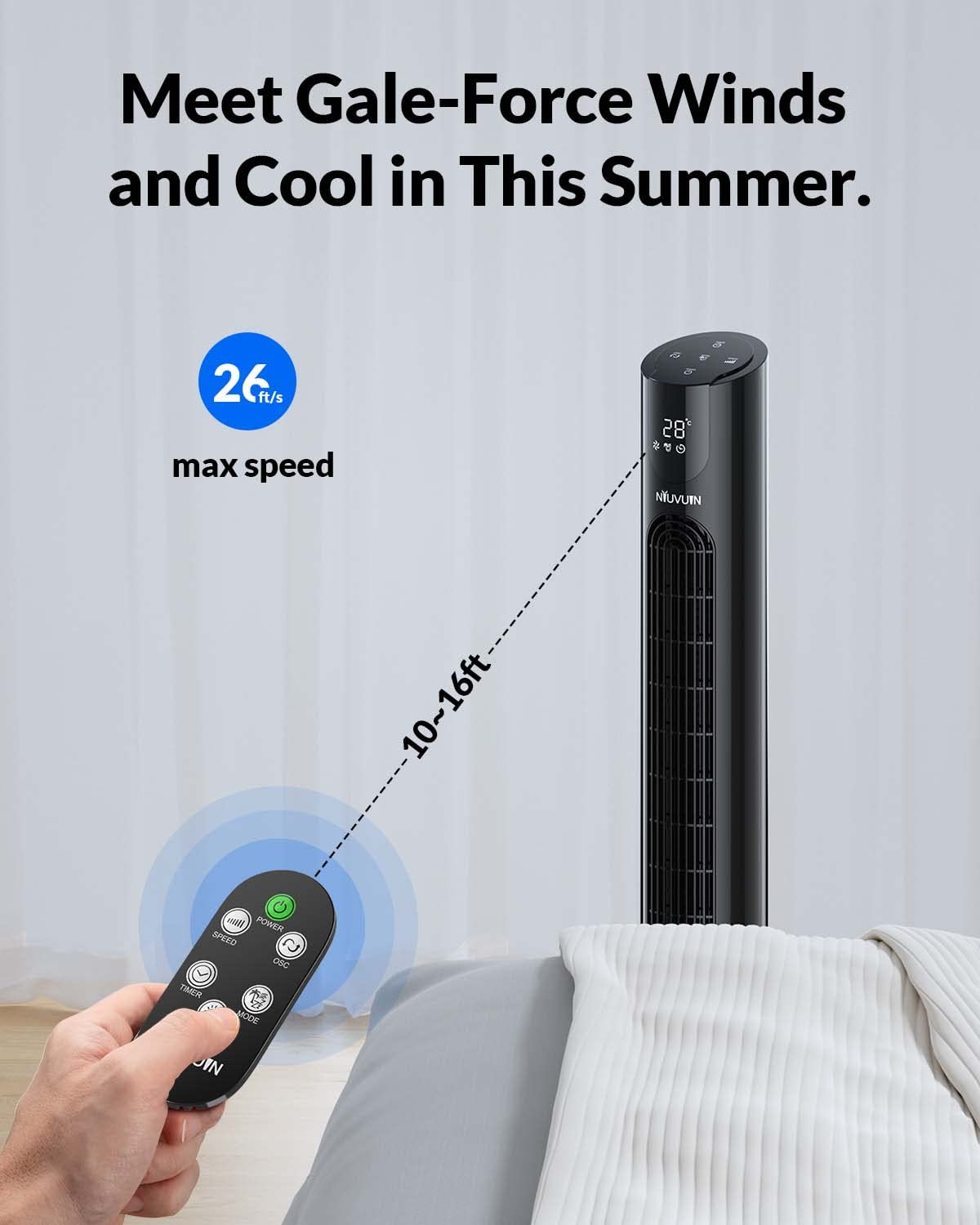 NIUVUIN Tower Fan, 45-Inch Oscillating Fan with Remote, 8 Speed Settings & 4 Modes, Bladeless Fans with Night Light, LED Display, 12 H Timer, Low Noise for Bedroom Living Room Home Office