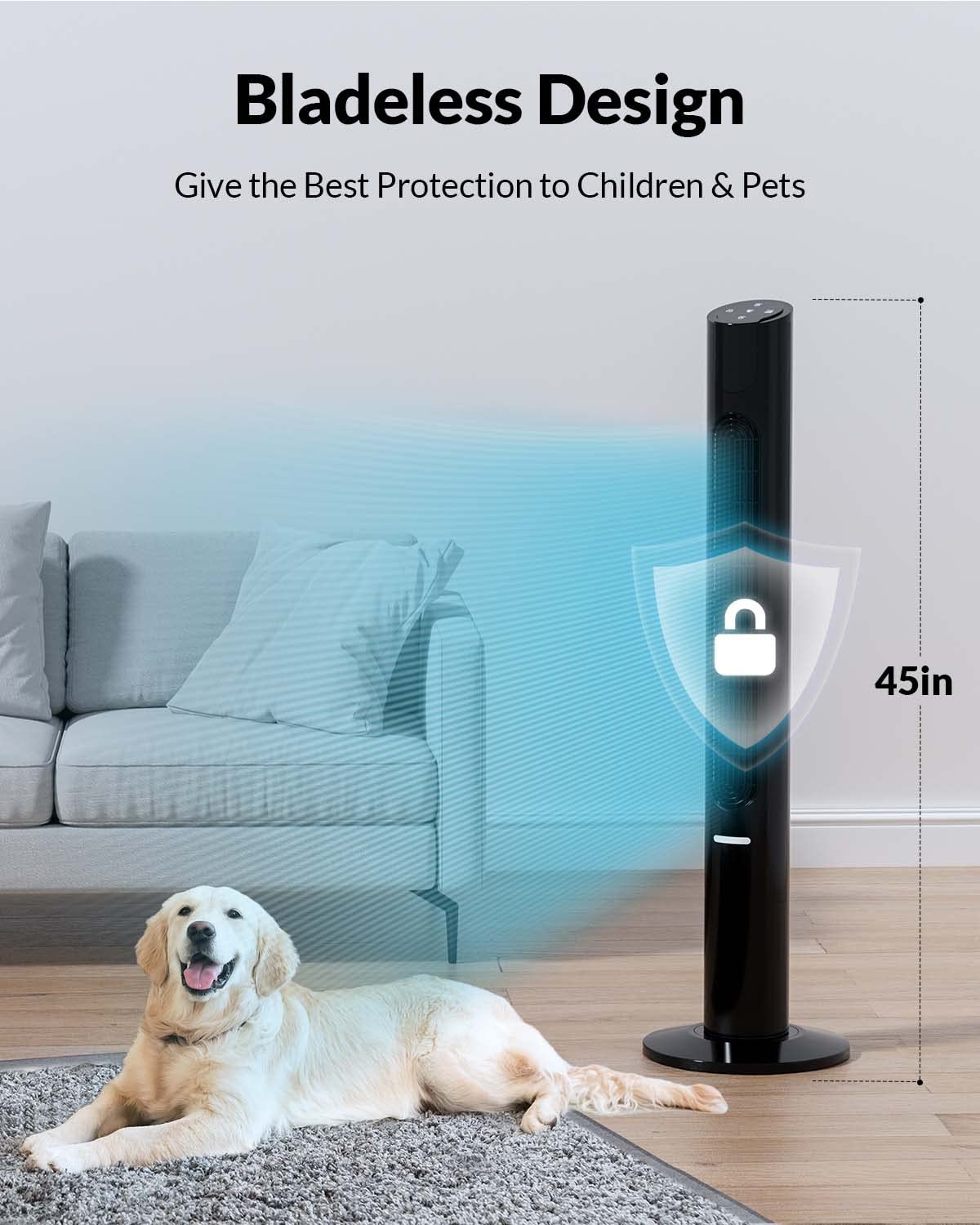 NIUVUIN Tower Fan, 45-Inch Oscillating Fan with Remote, 8 Speed Settings & 4 Modes, Bladeless Fans with Night Light, LED Display, 12 H Timer, Low Noise for Bedroom Living Room Home Office