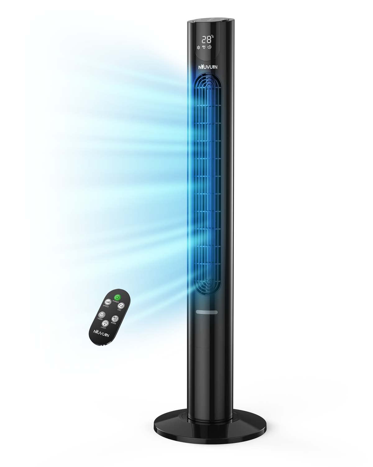 NIUVUIN Tower Fan, 45-Inch Oscillating Fan with Remote, 8 Speed Settings & 4 Modes, Bladeless Fans with Night Light, LED Display, 12 H Timer, Low Noise for Bedroom Living Room Home Office