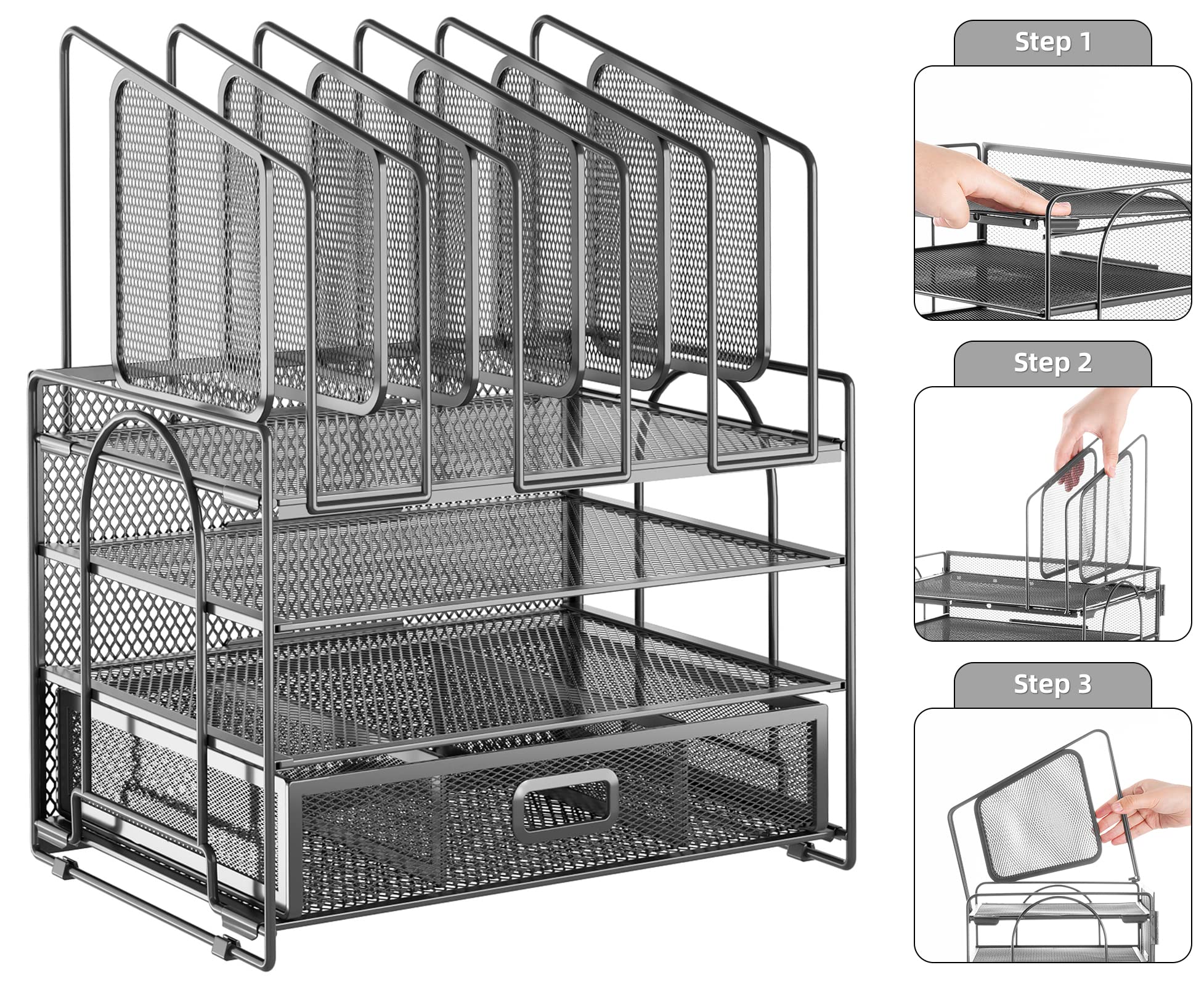 Marbrasse Desk Organizers, 4-Tier Mesh Desk File Organizer with 5 Vertical File Holders and 2 Pen Holders, Multifunction Desktop Organizer,Desk Organizers and Accessories for Home Office (Gray)