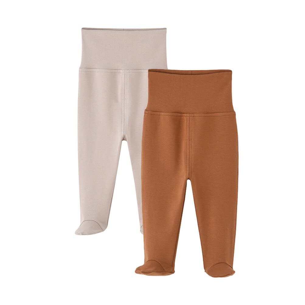 RUKOSU 2 Pack Newborn Infant Baby Boys Girls Soft Cotton High Waist Footed Pants Casual Leggings with Feet Grey Brown 3 Months