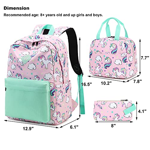 Unicorn School Backpack for Teen Girls, 3-in-1 Kids Backpack Bookbag Set School Bags with Lunch Box Pencil Case
