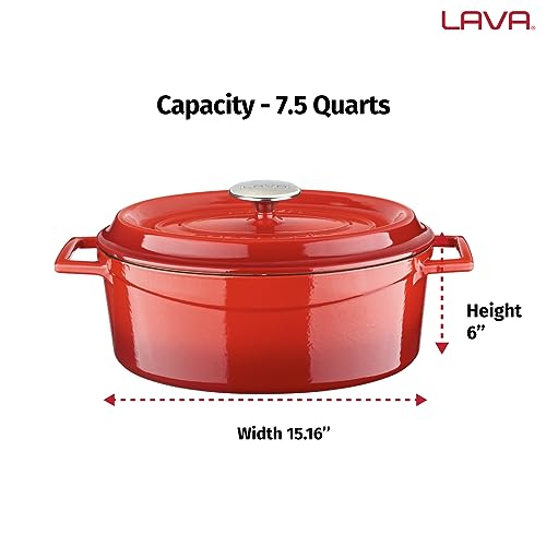 LAVA 7.5 Quarts Cast Iron Dutch Oven: Multipurpose Stylish Oval Shape Dutch Oven Pot with Three Layers of Enamel Coated with Trendy Lid (Red)