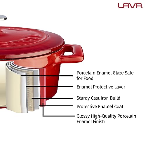 LAVA 7.5 Quarts Cast Iron Dutch Oven: Multipurpose Stylish Oval Shape Dutch Oven Pot with Three Layers of Enamel Coated with Trendy Lid (Red)