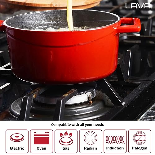 LAVA 7.5 Quarts Cast Iron Dutch Oven: Multipurpose Stylish Oval Shape Dutch Oven Pot with Three Layers of Enamel Coated with Trendy Lid (Red)