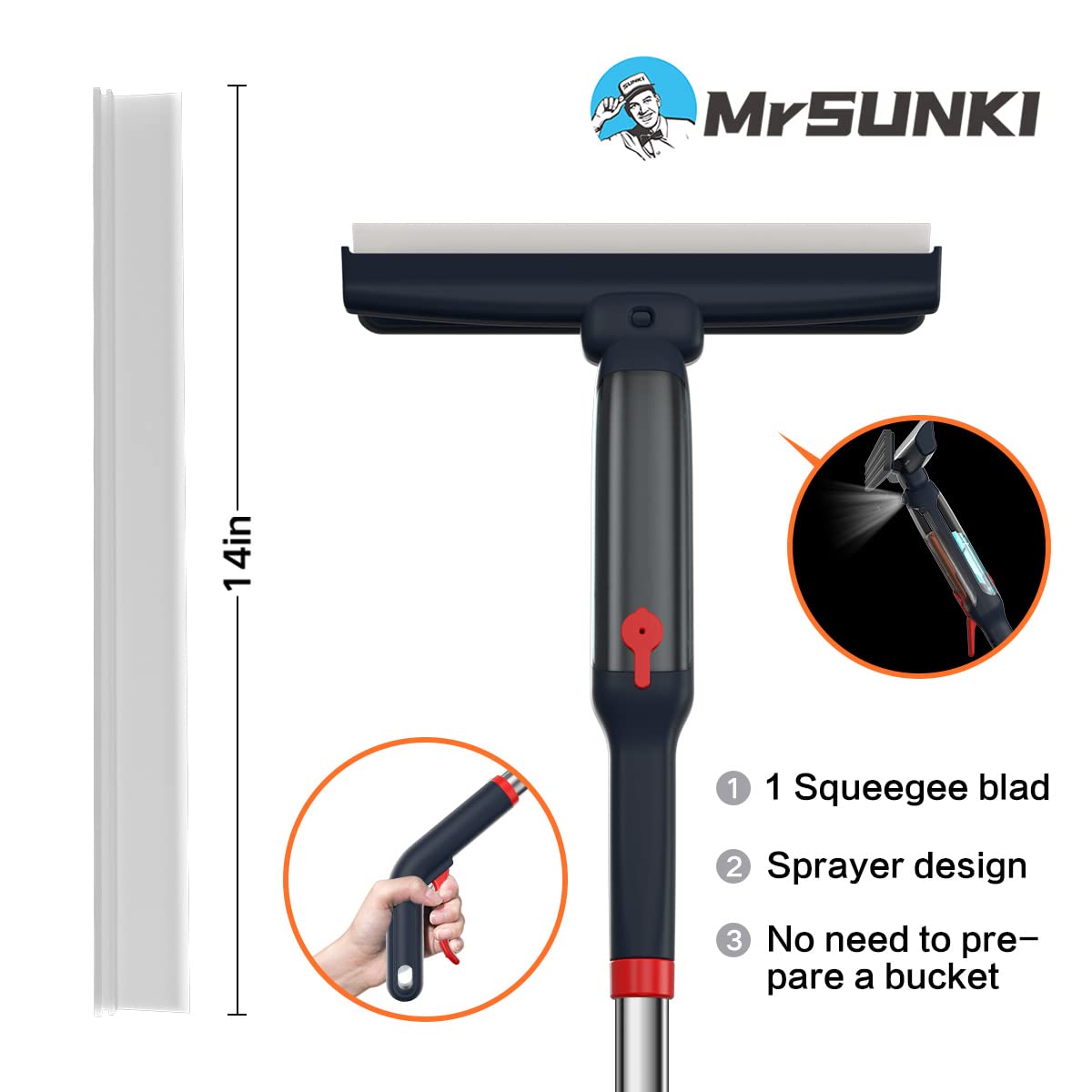 MRSUNKI 4 in 1 Water Spray Squeegee Window Cleaner with Sewage Collection Scraper 90" Window Cleaning Tool Kit with Extension Pole Telescopic Window Washing Equipment with 3 Replaceable Pads