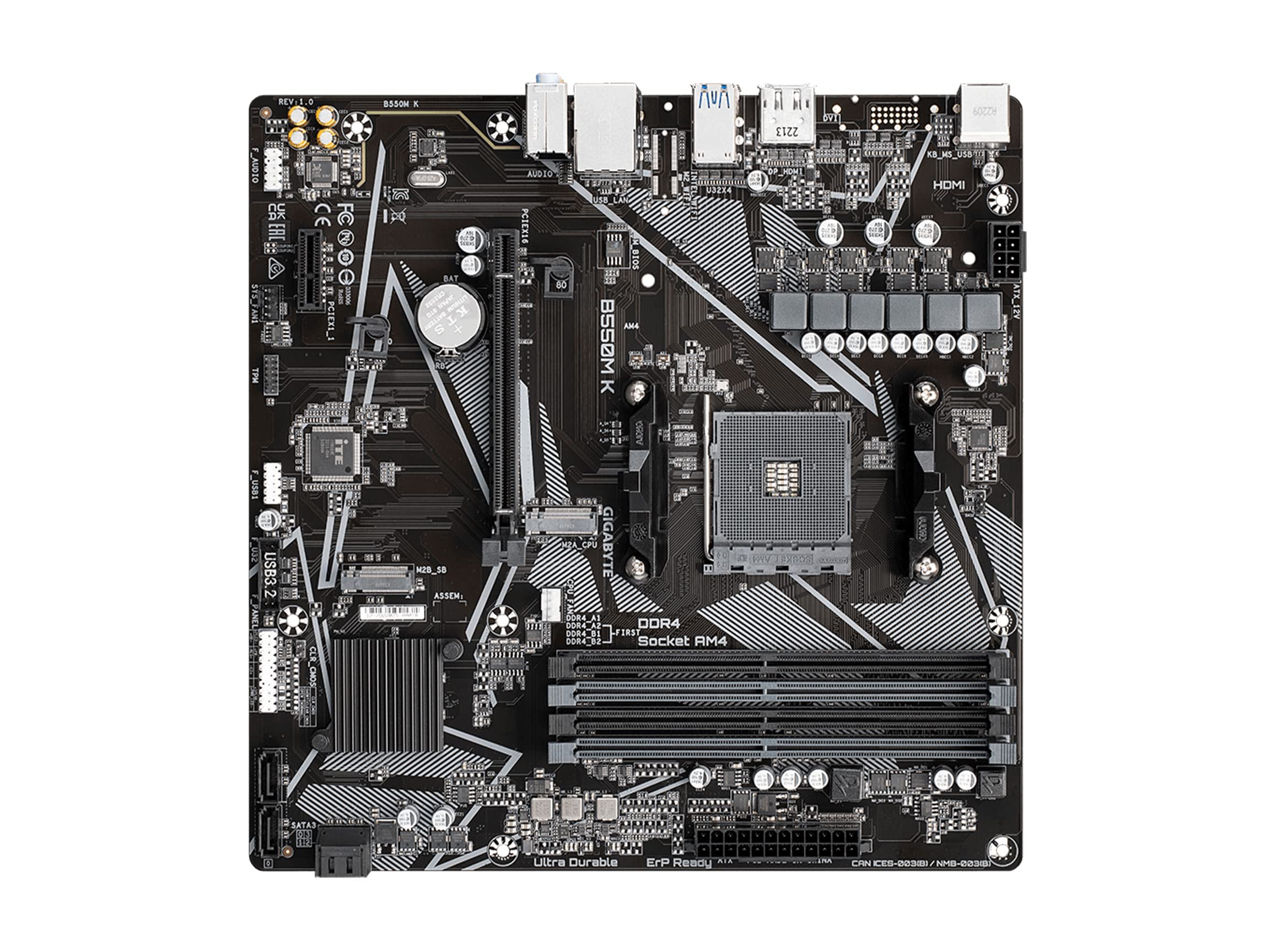 GIGABYTE B550M K Motherboard, Supports AMD AM4 Ryzen 5000 Processors, Micro-ATX, DDR4, Dual M.2, SATA 6Gb/s, Realtek GbE LAN, PCIe 4.0