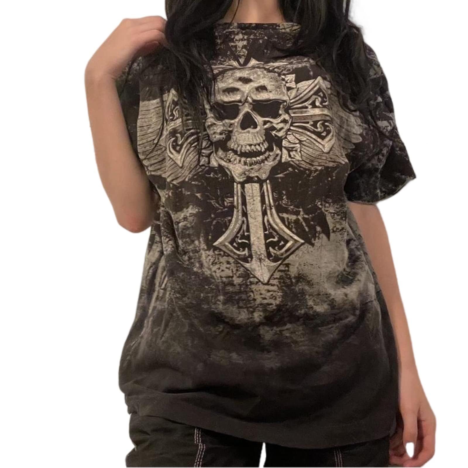 Women E-Girls Short Sleeve T-Shirt Y2k Graphic Emo Tops Crewneck Vintage Grunge Tee Tops Summer Aesthetic Clothes (Brown, L)