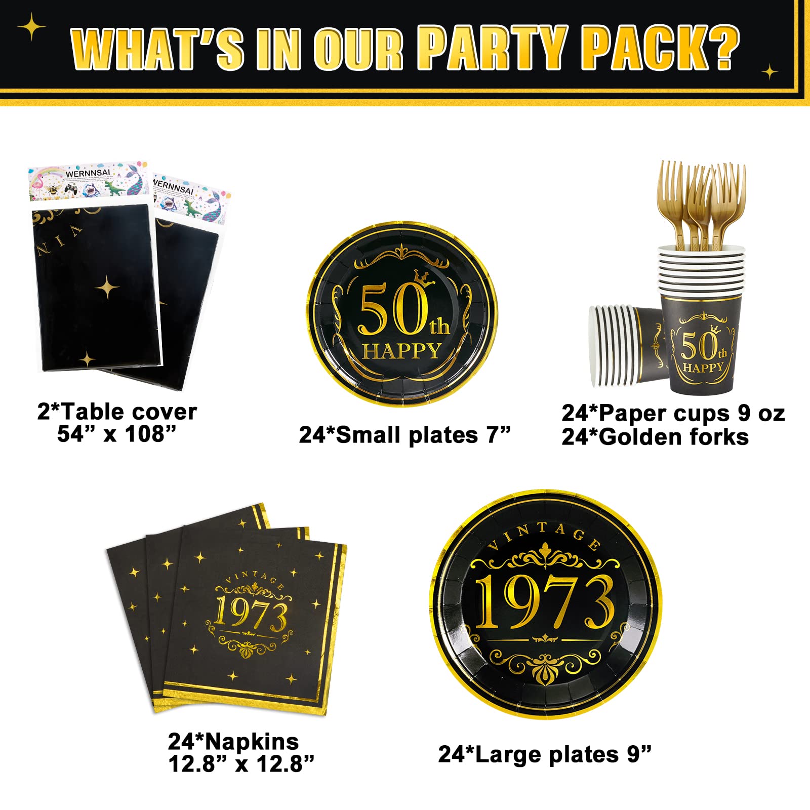 50th Birthday Party 122 PCS Plates Forks Cups Napkins and Tablecloths - Disposable Paper Dinnerware Set Women Men Vintage 1973 Party 50 Years Old Retirement Party Tableware Serves 24 Guests