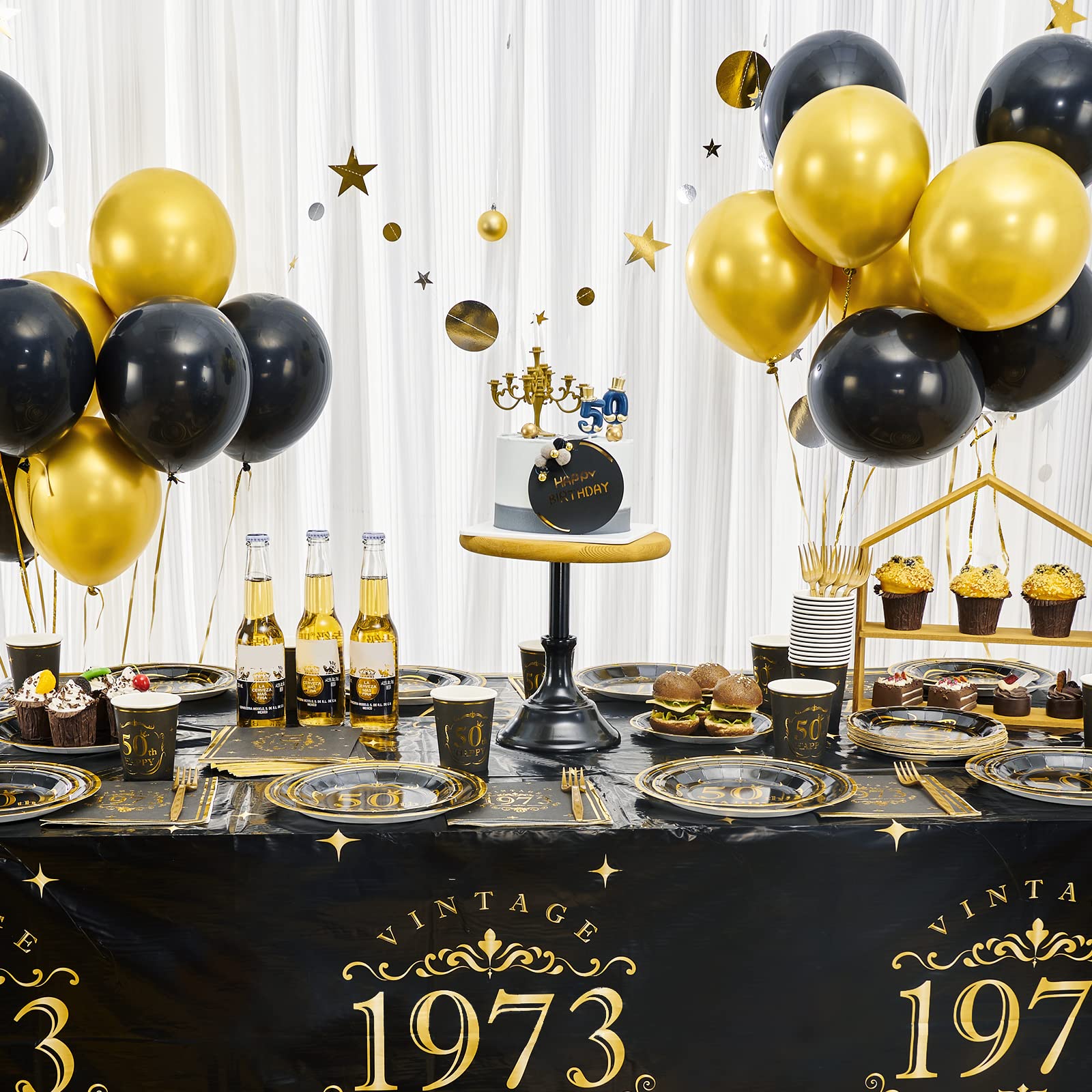 50th Birthday Party 122 PCS Plates Forks Cups Napkins and Tablecloths - Disposable Paper Dinnerware Set Women Men Vintage 1973 Party 50 Years Old Retirement Party Tableware Serves 24 Guests
