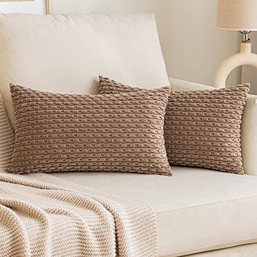 EMEMA Throw Pillow Covers Soft Corduroy Decorative Boho Striped Pillowcases Rectangle Cushion Case Farmhouse Home Decor for Couch Sofa Living Room Bed Pack of 2, 12x20 Inch Brown