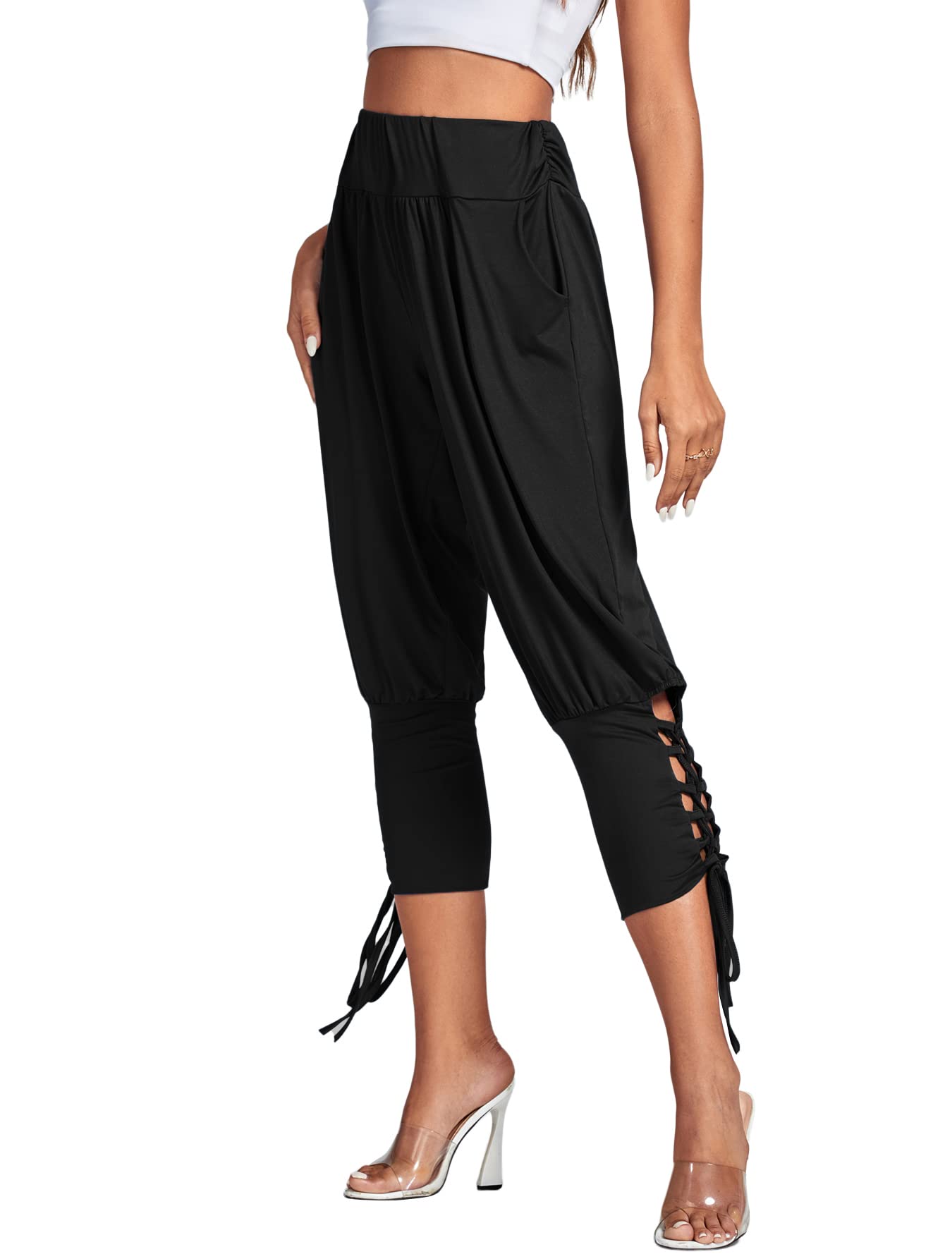 LYANER Women's Elastic High Waist Drawstring Wide Leg Palazzo Pants Loose Trousers Black X-Large