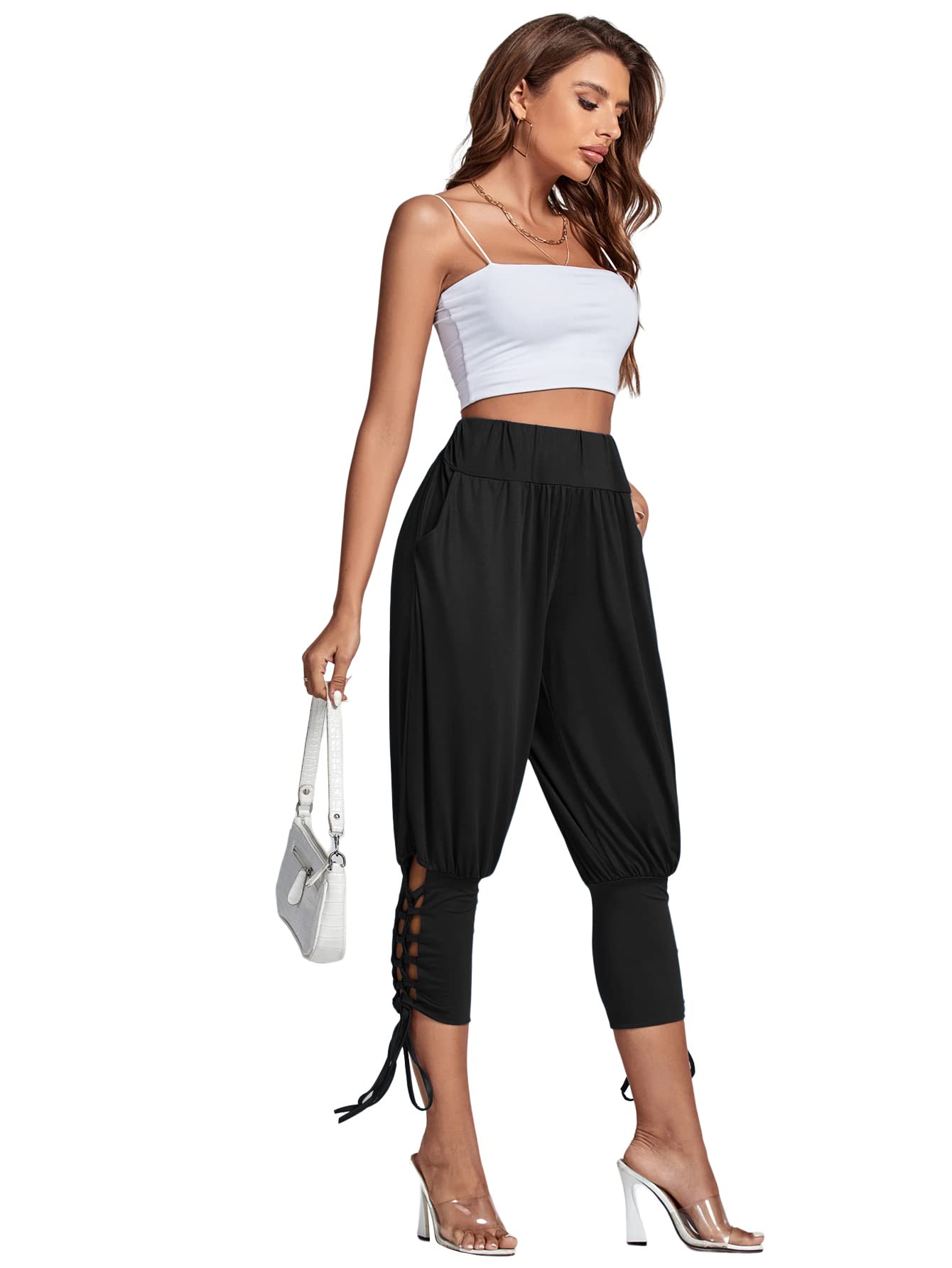 LYANER Women's Elastic High Waist Drawstring Wide Leg Palazzo Pants Loose Trousers Black X-Large