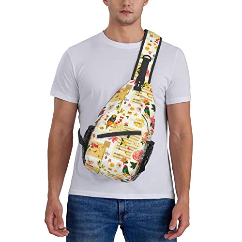 GTEVUTS Vintage Flowers Birds Newspaper Crossbody Bags for Women,Trendy Sling Backpack Cross Body Chest Bag Daypack, Medium Small