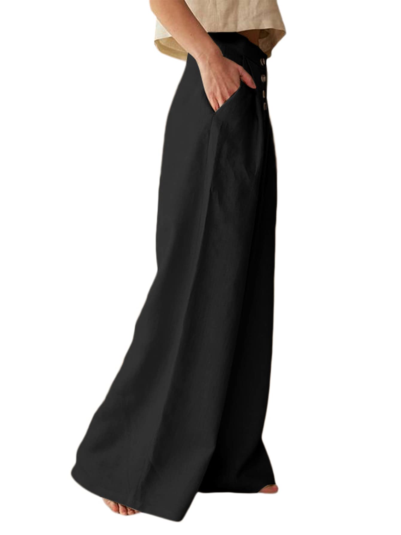 LYANER Women's High Waisted Button Front Wide Leg Palazzo Pants Loose and Casual Trousers Black X-Large