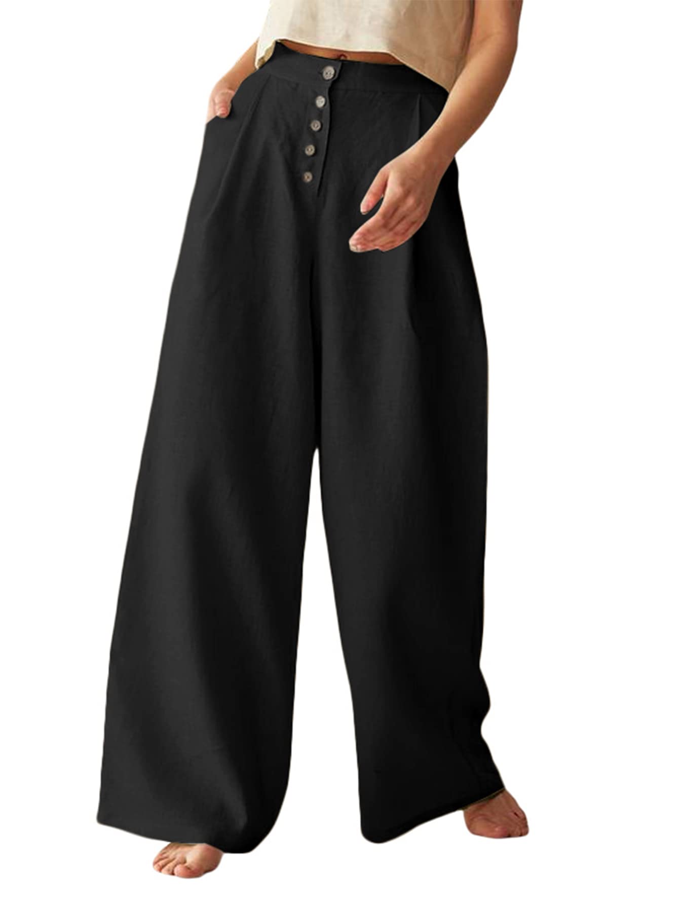 LYANER Women's High Waisted Button Front Wide Leg Palazzo Pants Loose and Casual Trousers Black X-Large
