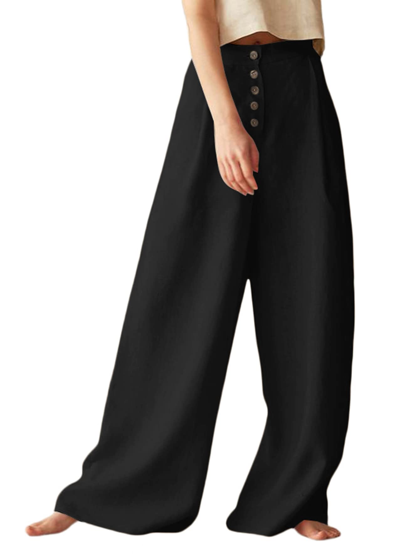 LYANER Women's High Waisted Button Front Wide Leg Palazzo Pants Loose and Casual Trousers Black X-Large