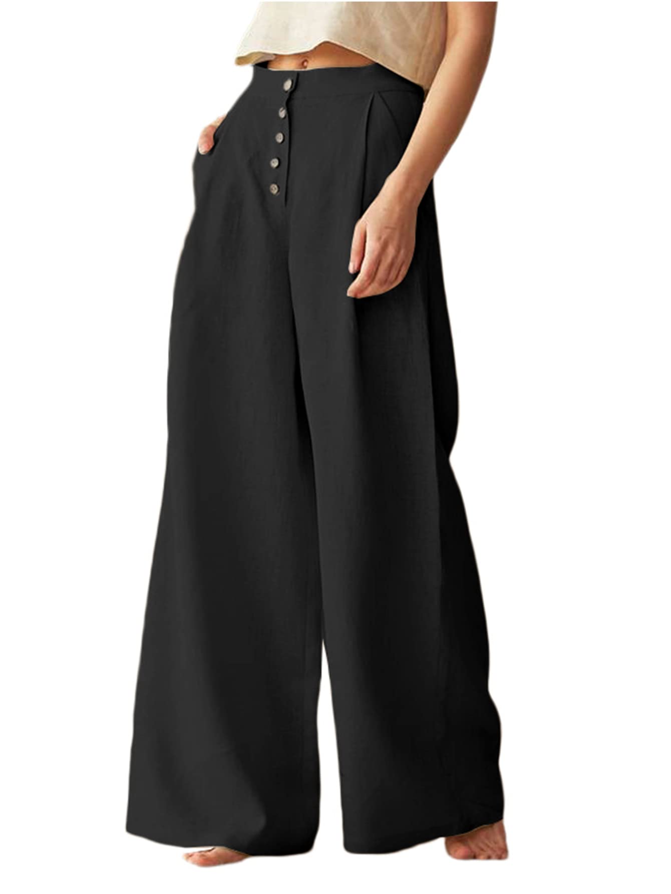 LYANER Women's High Waisted Button Front Wide Leg Palazzo Pants Loose and Casual Trousers Black X-Large