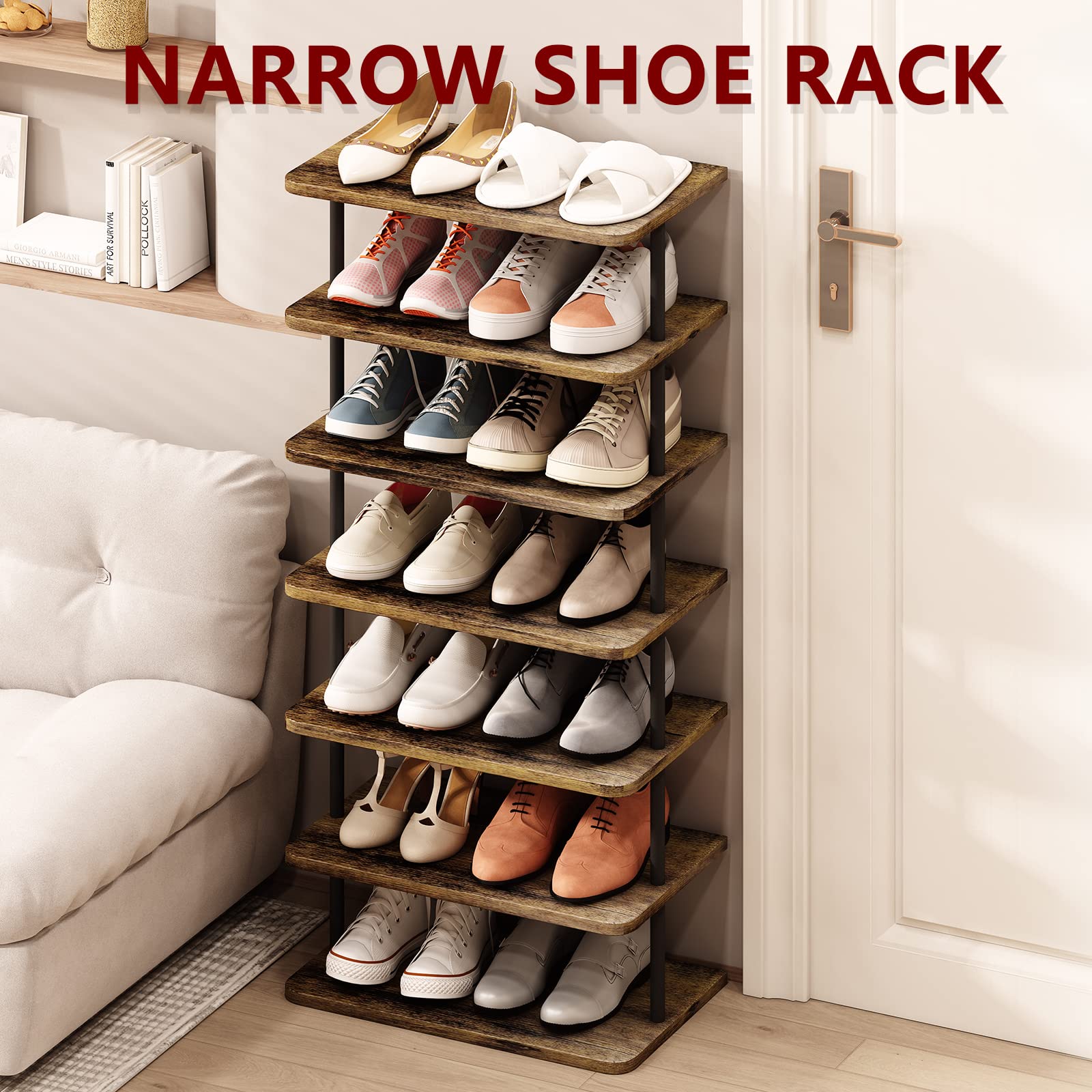 AZERPIAN Shoe Rack 7 Tier Vertical Storage Organizer Double Row Narrow Metal Slim Shelf Modern Free Standing Shoe Tower Saving Space for Closet Entryway Bedroom,Black+Rustic Brown