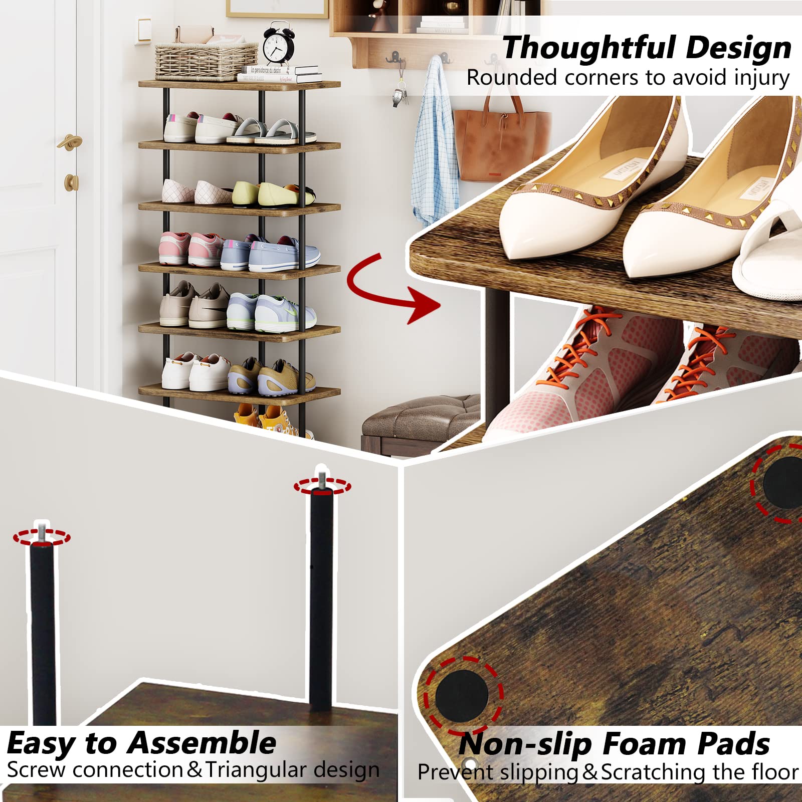 AZERPIAN Shoe Rack 7 Tier Vertical Storage Organizer Double Row Narrow Metal Slim Shelf Modern Free Standing Shoe Tower Saving Space for Closet Entryway Bedroom,Black+Rustic Brown